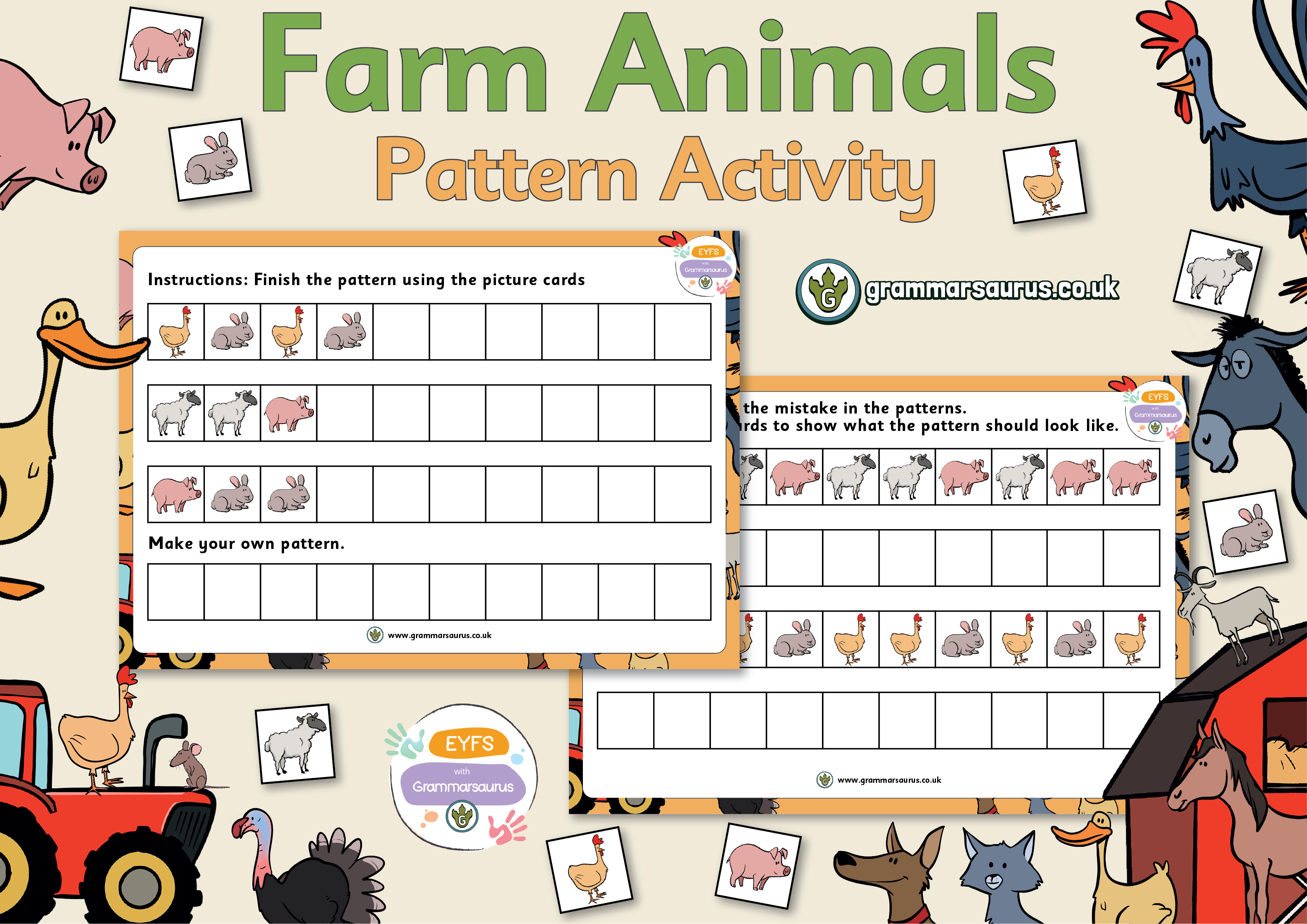 EYFS Farm Animals - Pattern Activity - Grammarsaurus