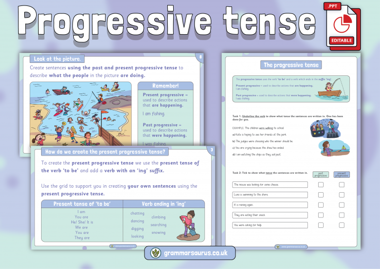 Year 2 SPaG - Past and Present Progressive Tense - Grammarsaurus