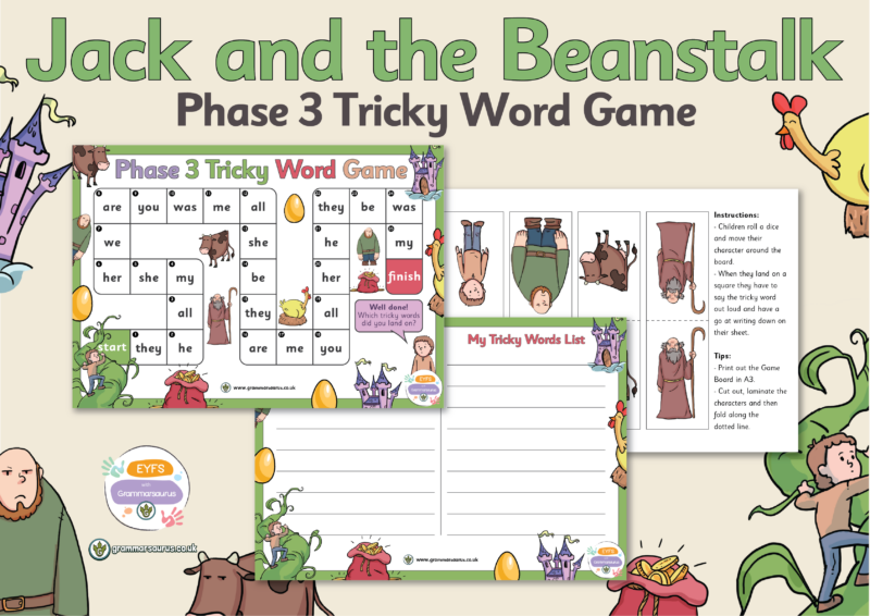 EYFS Jack and the Beanstalk - Phase 3 Tricky Word Game - Grammarsaurus