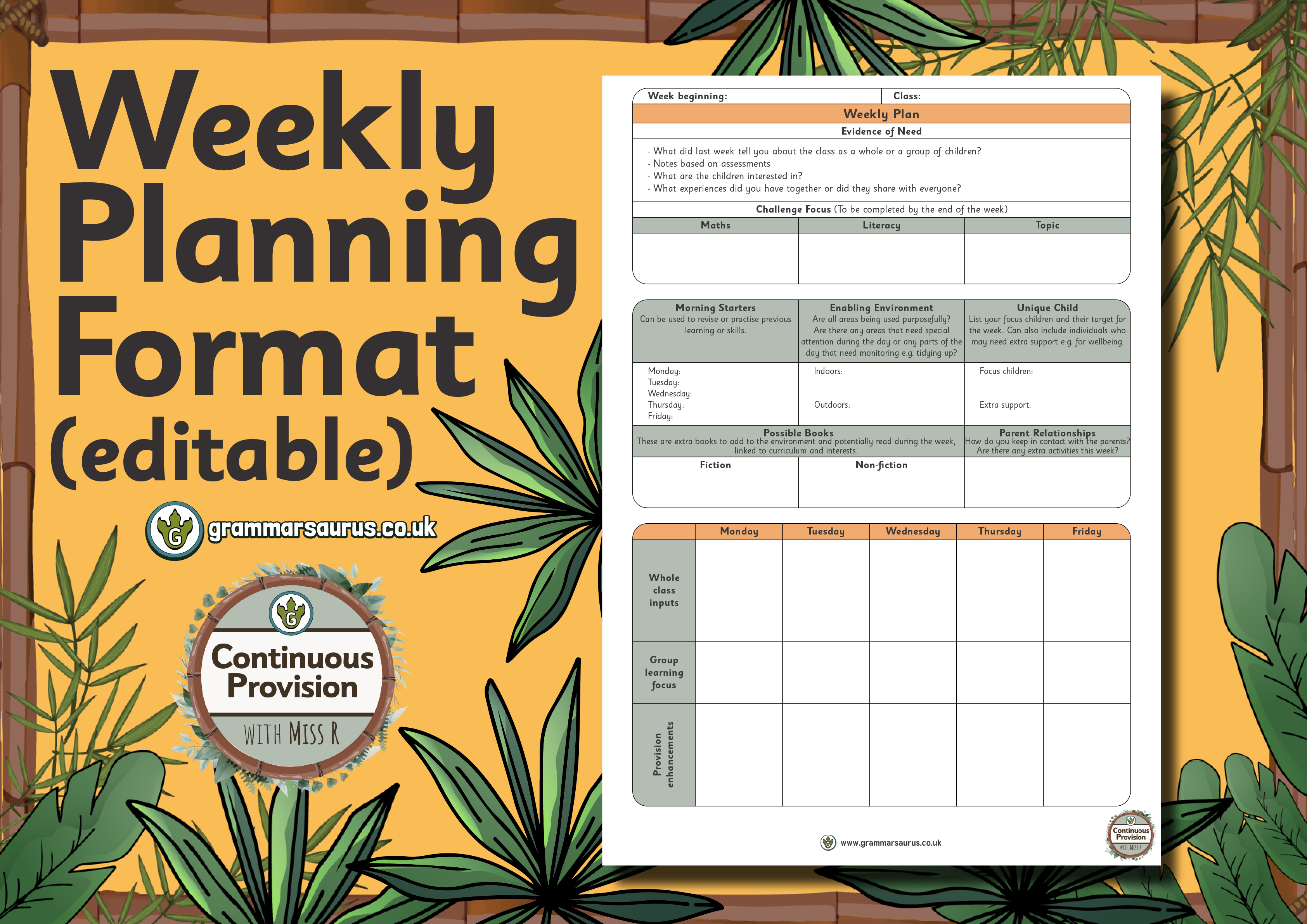 Continuous Provision - Display - Weekly Planning Format (editable ...
