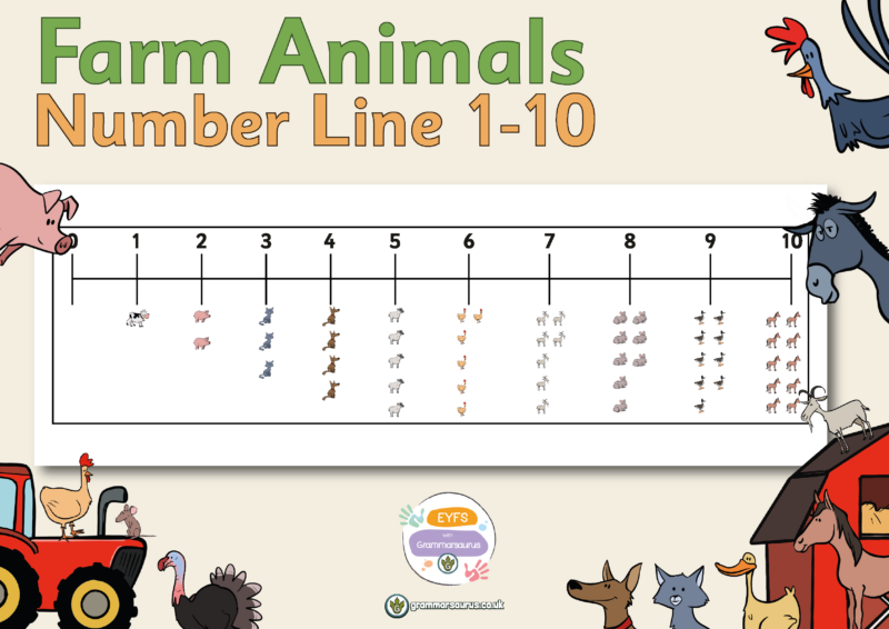 EYFS Farm Animals - Number Line 1-10 - Grammarsaurus