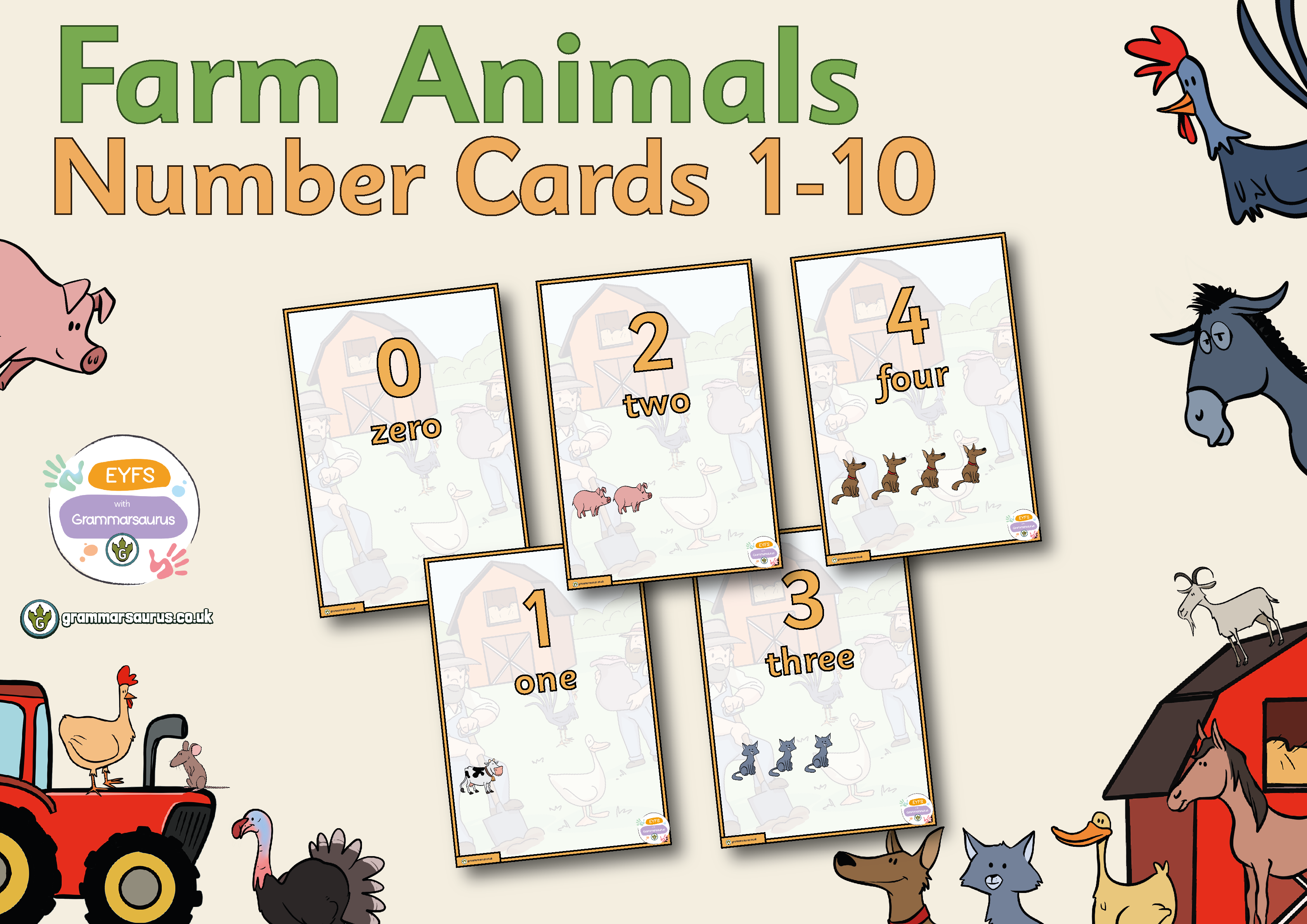 EYFS Farm Animals - Number Cards 1-10 - Grammarsaurus