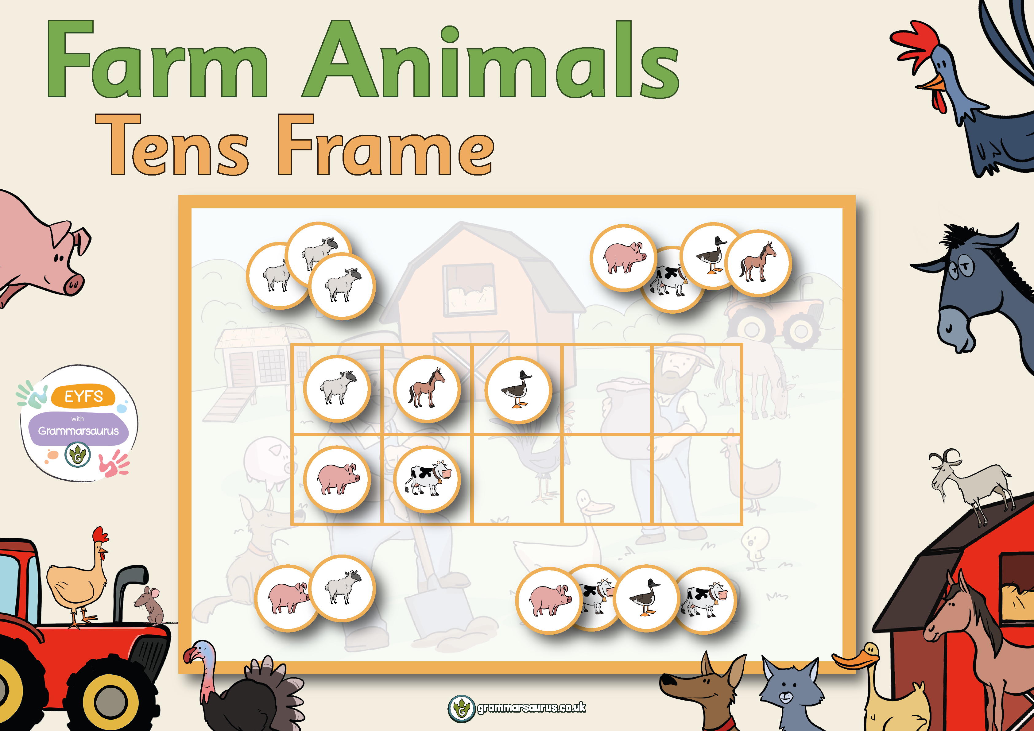 EYFS Farm Animals - Tens Frame - Grammarsaurus