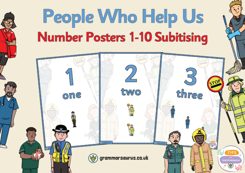 EYFS People Who Help Us - Number Posters 1-10 Subitising - Grammarsaurus