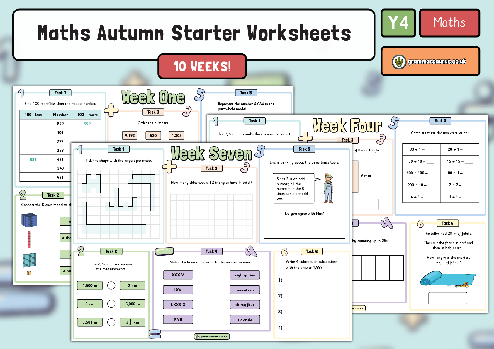Year 4 Weekly Maths Starters - Autumn - Grammarsaurus
