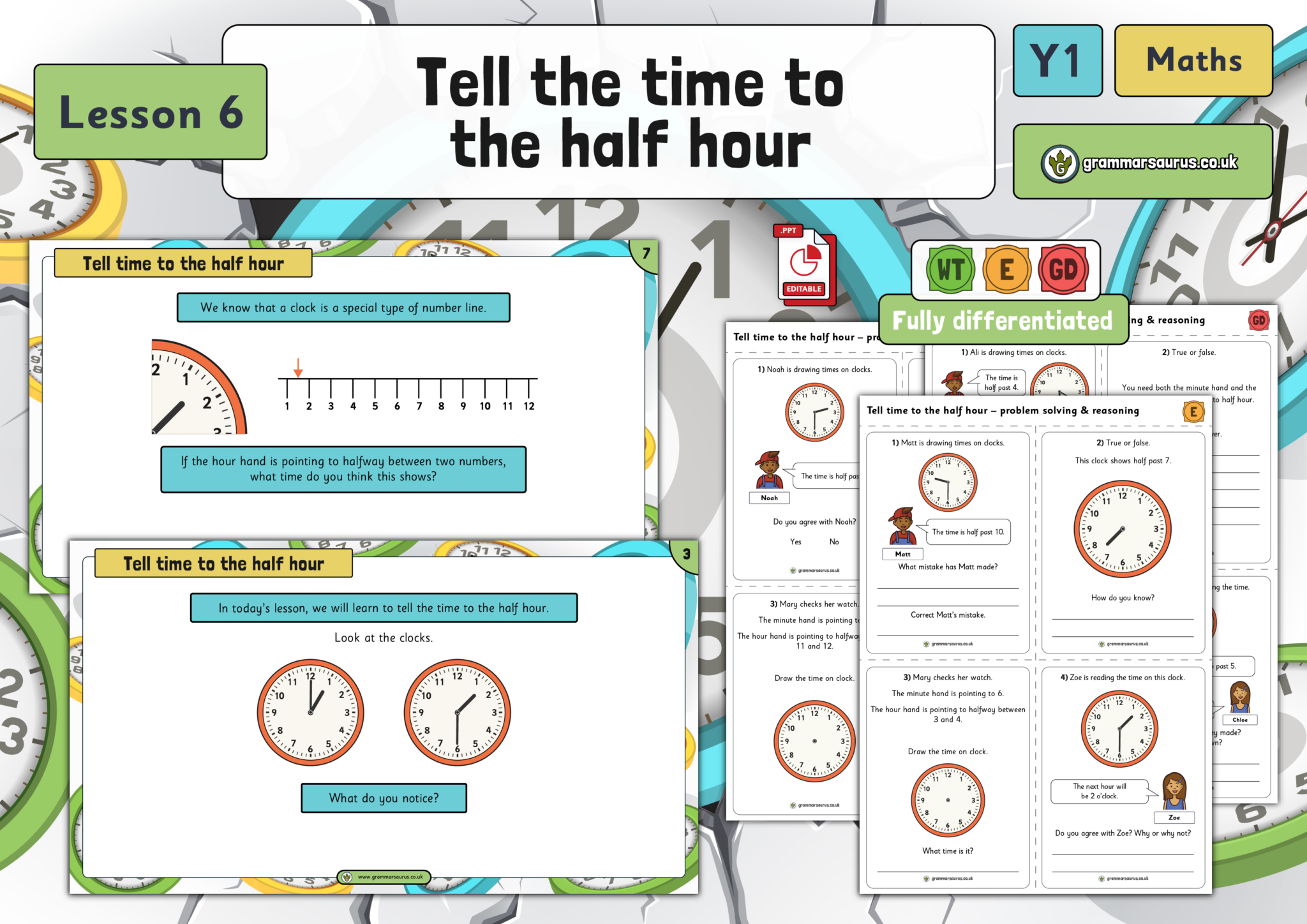 Year 1 Time - Tell the time to the half hour - Lesson 6 - Grammarsaurus
