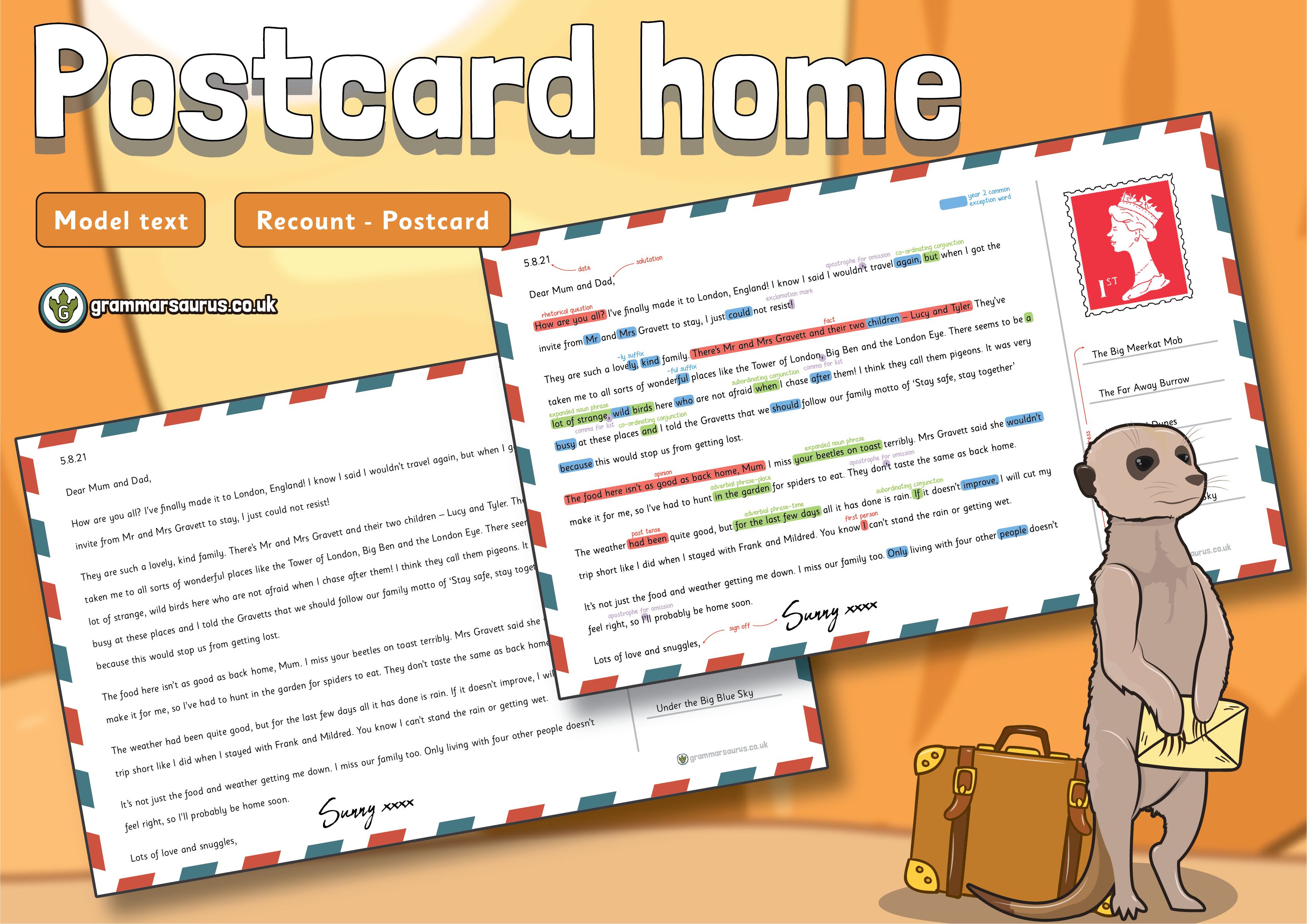 Year 2 Model Text – Recount - Postcard - Postcard home - Grammarsaurus