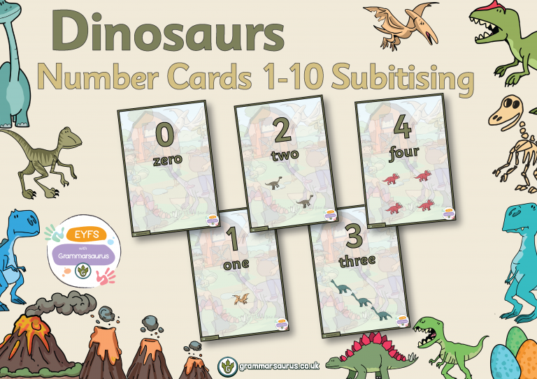 EYFS Dinosaurs - Number Cards 1-10 Subitising - Grammarsaurus