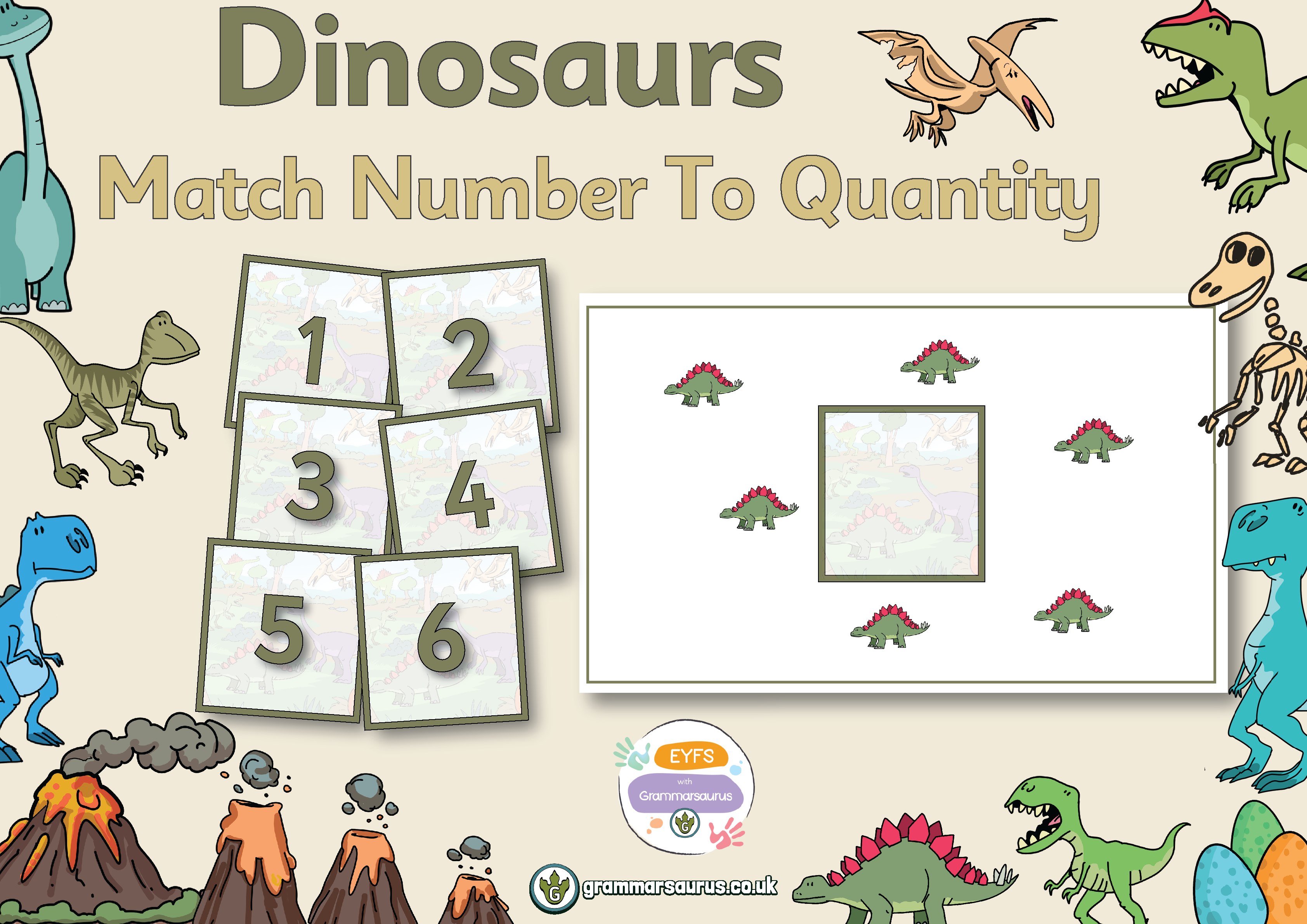 EYFS Dinosaurs - Match Number to Quantity - Grammarsaurus