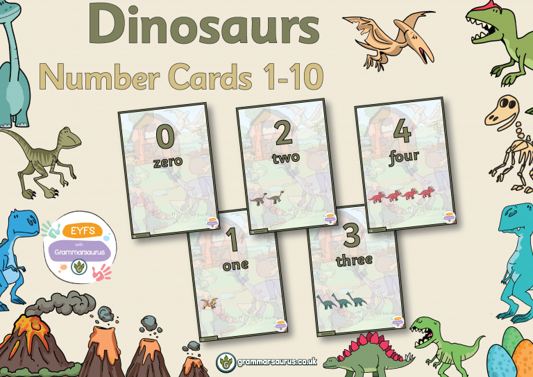 EYFS Dinosaurs - Number Cards 1-10 - Grammarsaurus