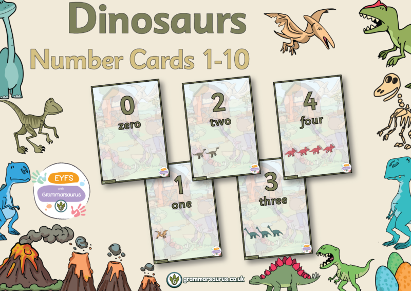 EYFS Dinosaurs - Number Cards 1-10 - Grammarsaurus