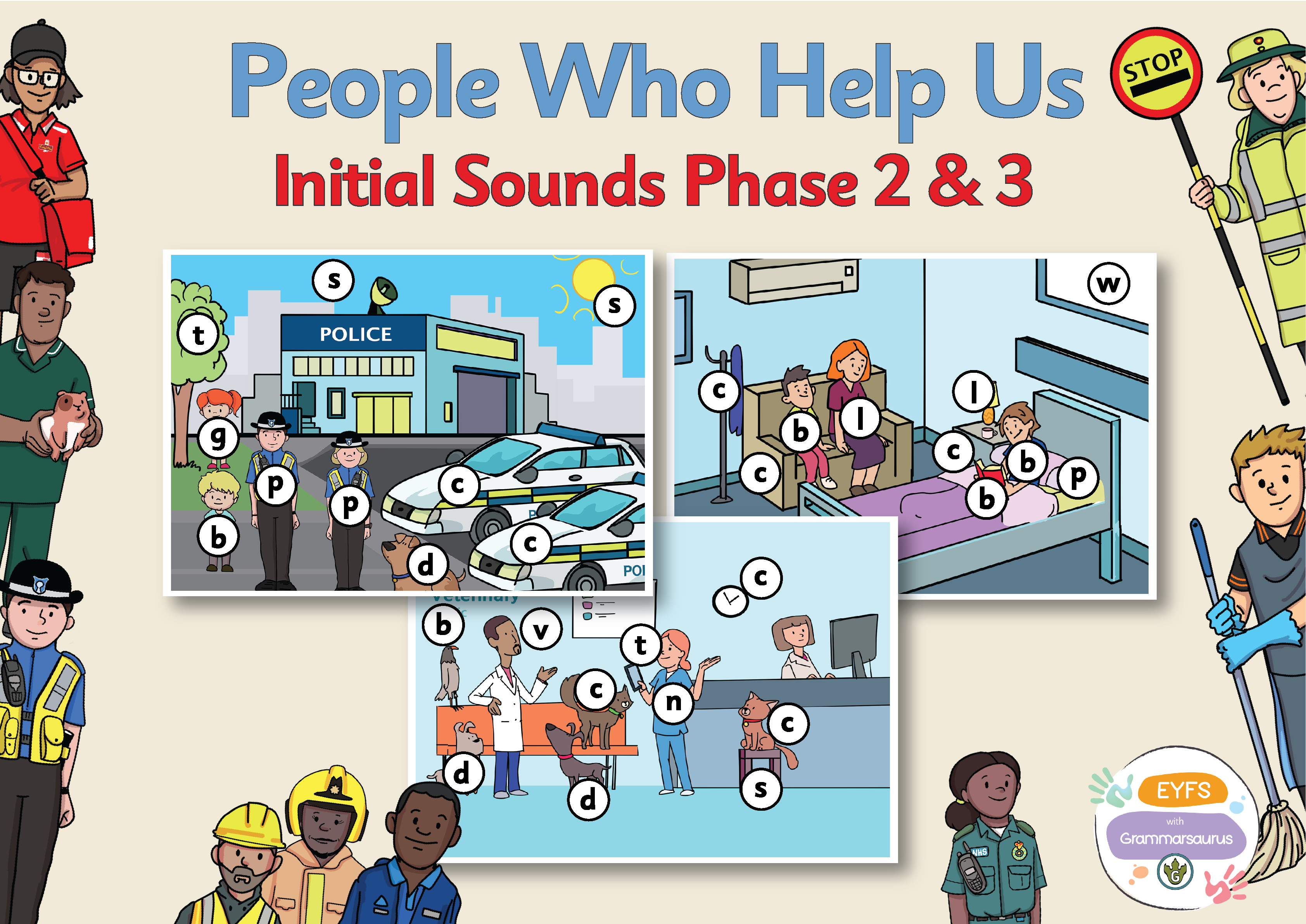 EYFS People Who Help Us - Initial Sounds Phase 2 & 3 - Grammarsaurus