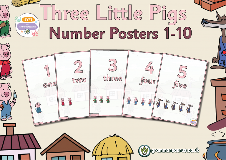 EYFS Three Little Pigs - Number Posters 1-10 - Grammarsaurus