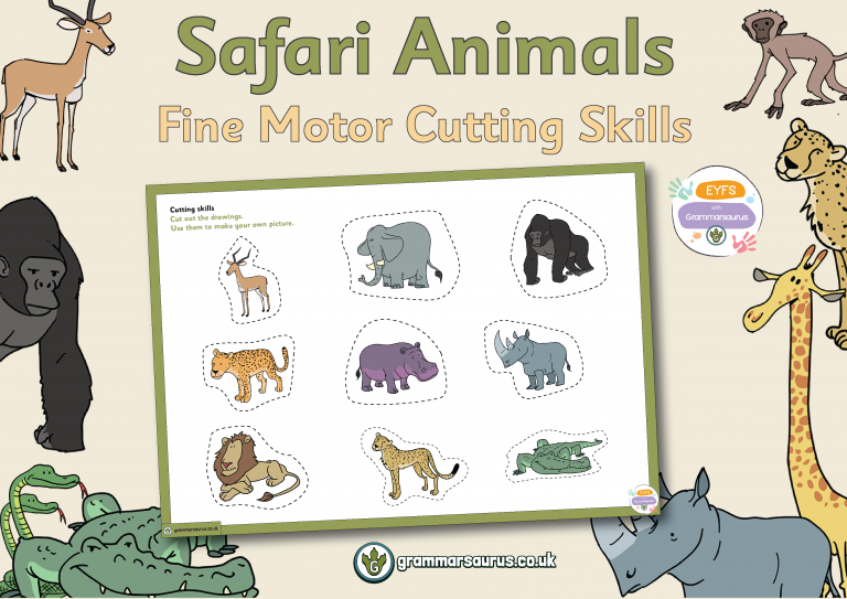 EYFS Safari Animals - Fine Motor Cutting Skills - Grammarsaurus