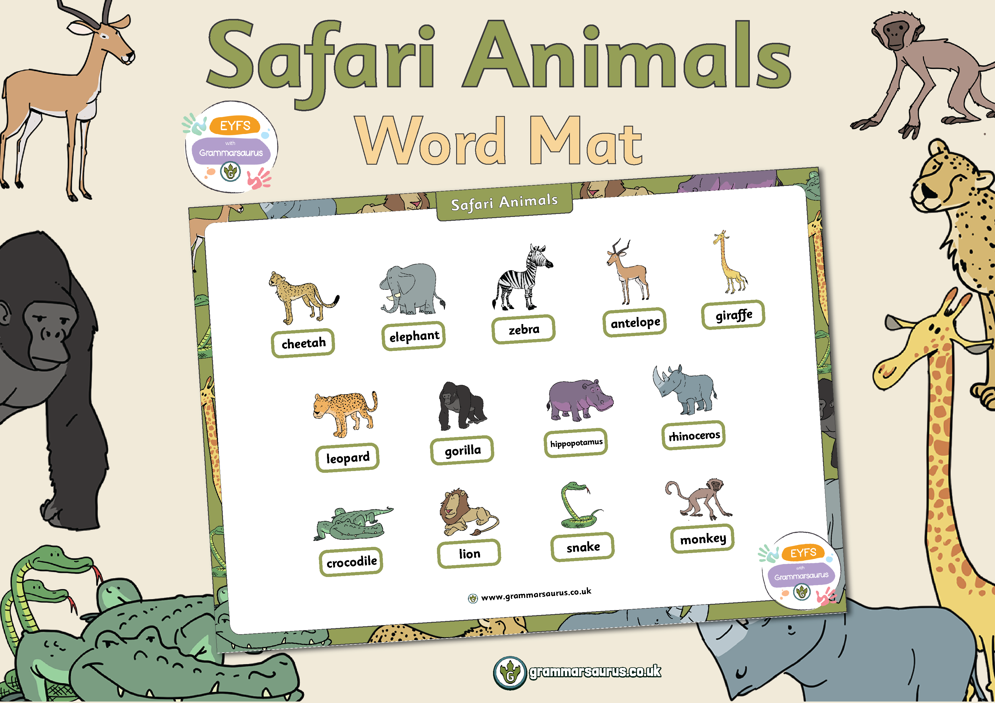 EYFS Safari Animals - Word Mat - Grammarsaurus