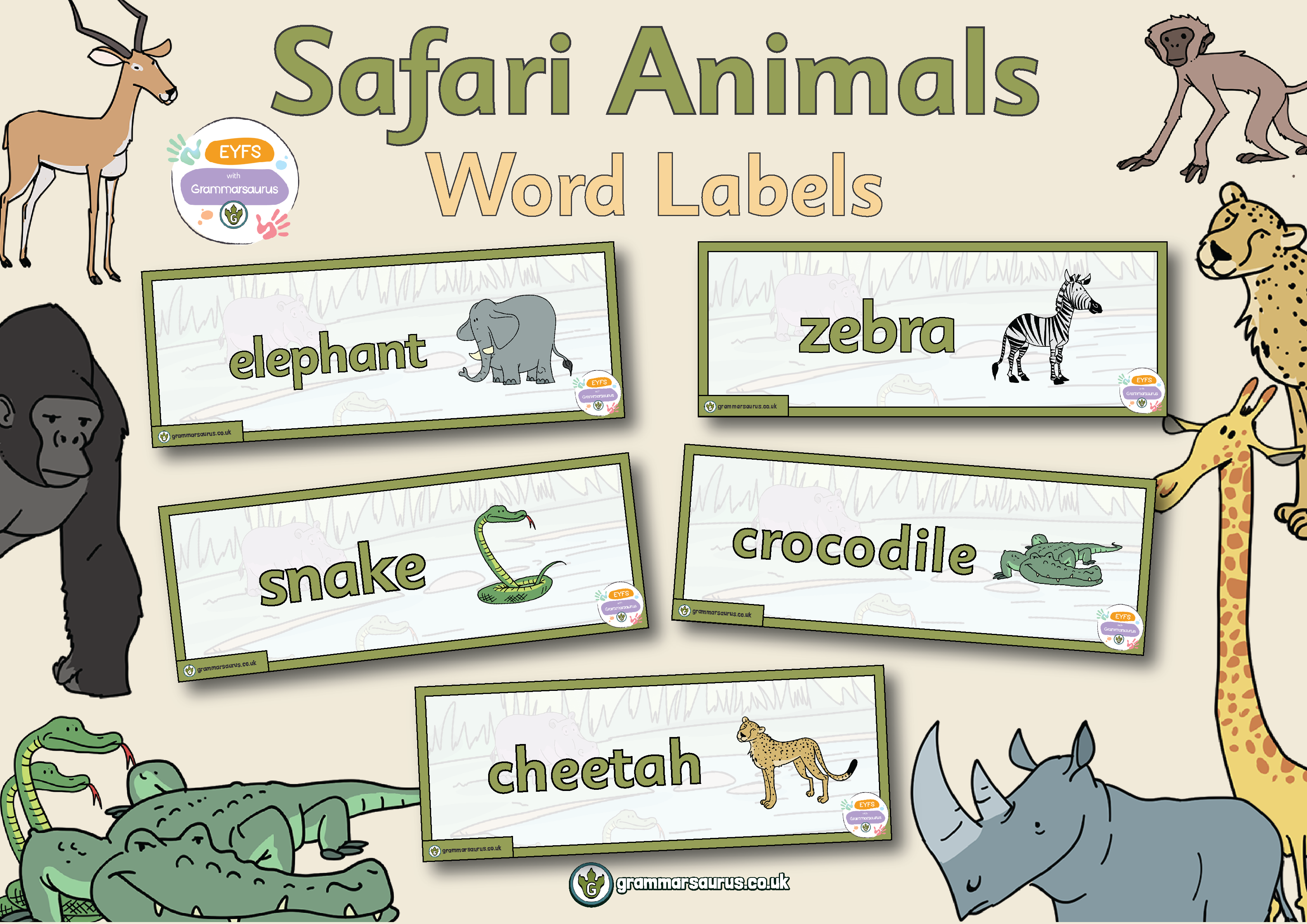 EYFS Safari Animals - Word Labels - Grammarsaurus
