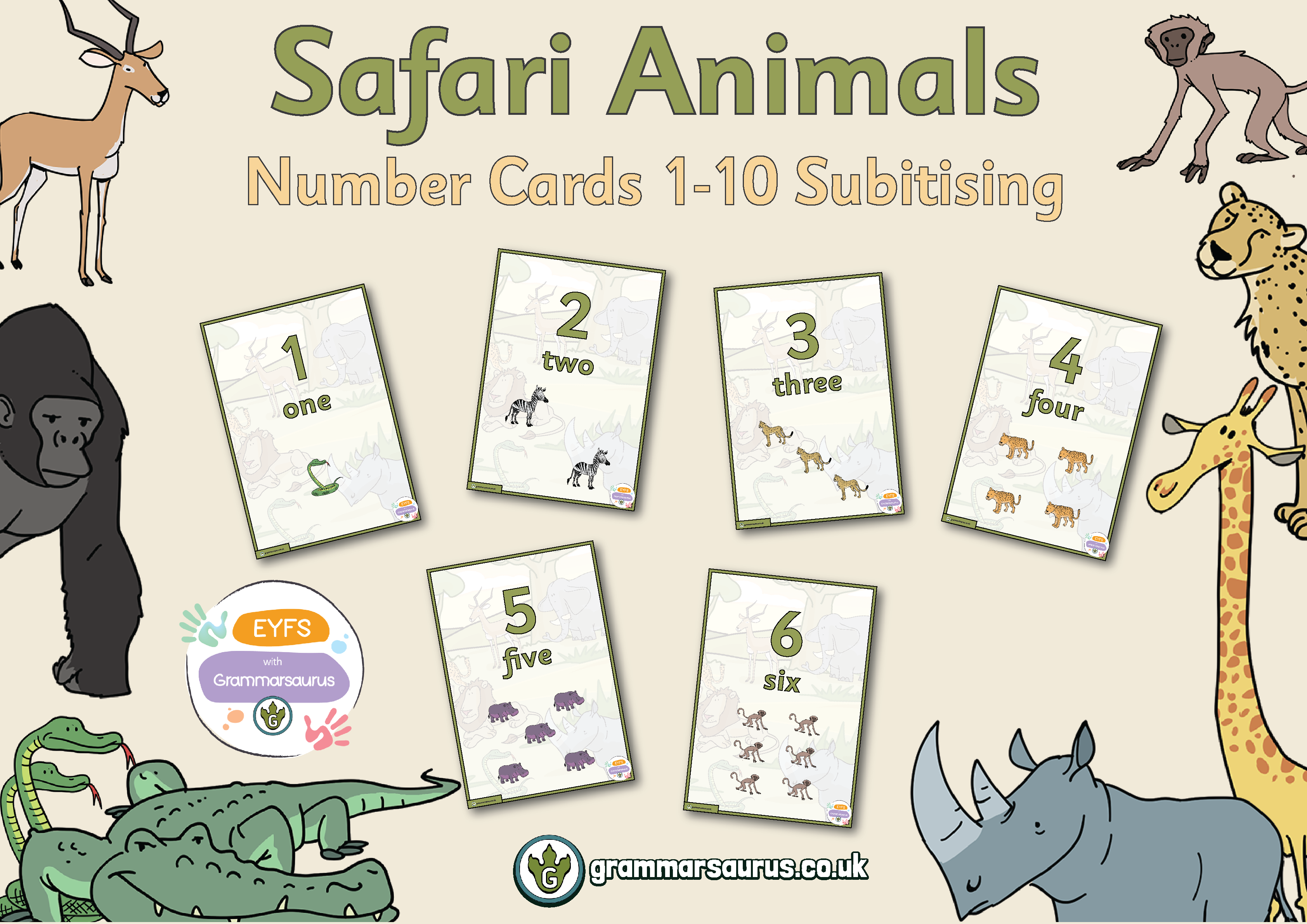 EYFS Safari Animals - Number Cards 1-10 Subitising - Grammarsaurus