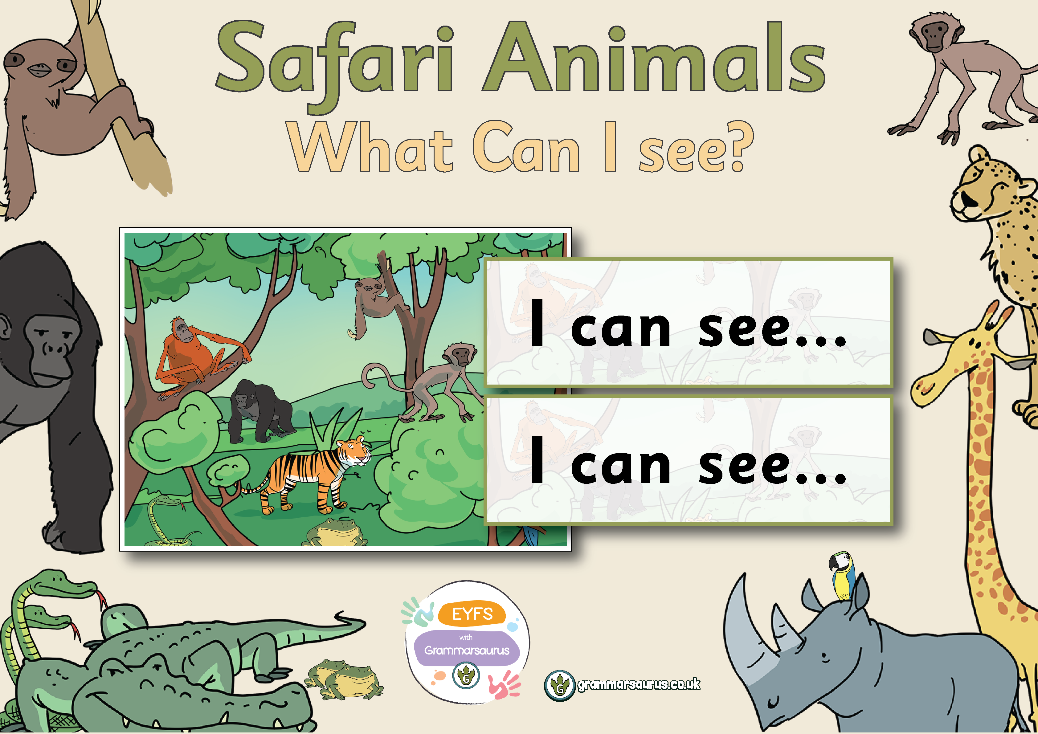 EYFS Safari Animals - Writing What Can I See? - Grammarsaurus