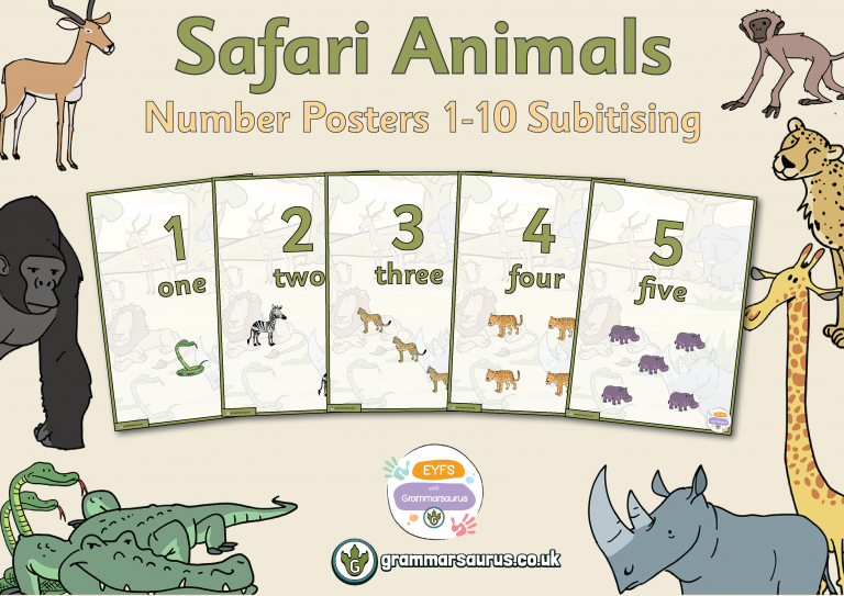 EYFS Safari Animals - Number Posters 1-10 Subitising - Grammarsaurus