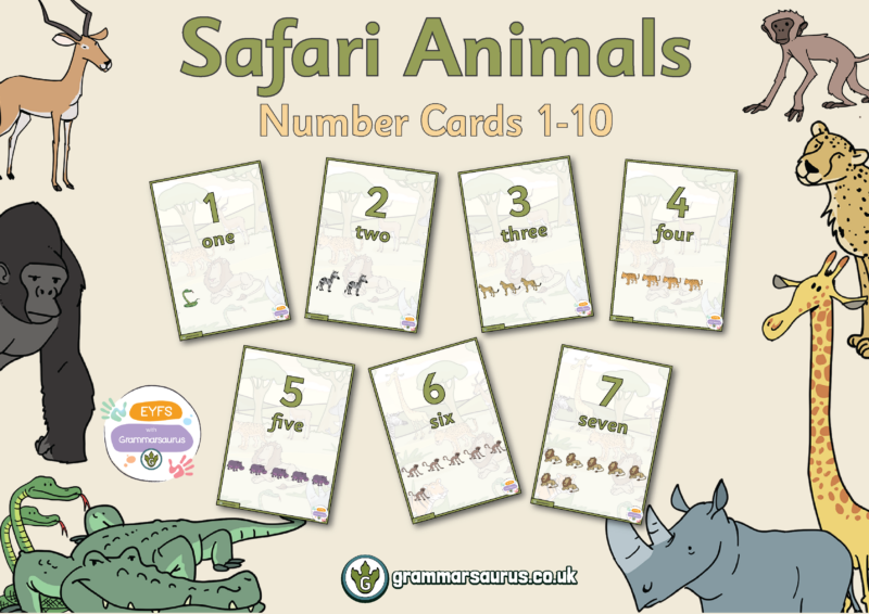 EYFS Safari Animals - Number Cards 1-10 - Grammarsaurus