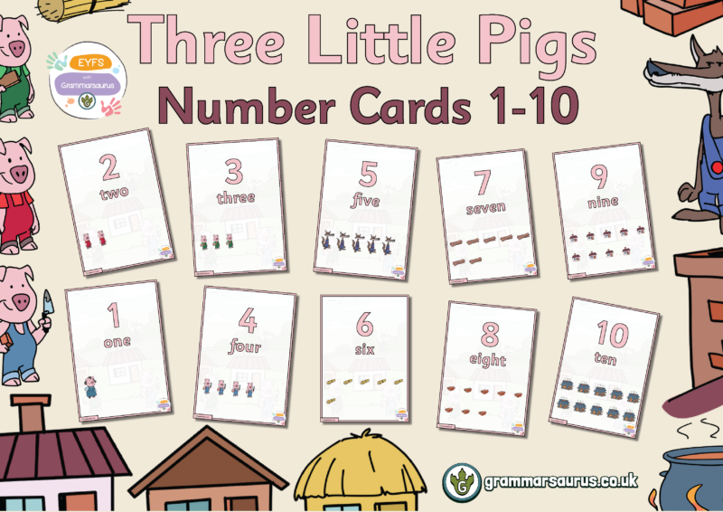 EYFS Three Little Pigs - Number Cards 1-10 - Grammarsaurus