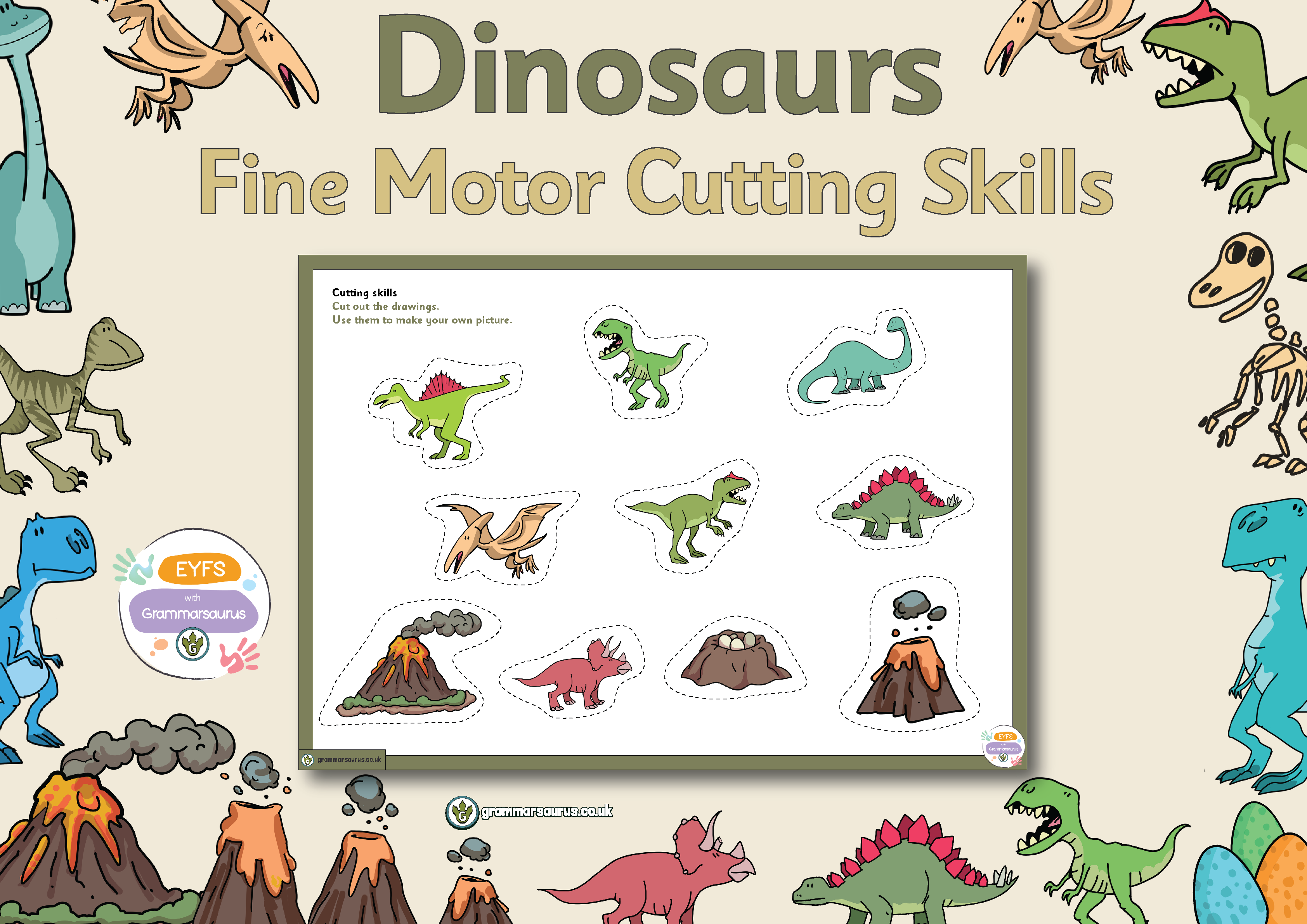 EYFS Dinosaurs - Fine Motor Cutting Skills - Grammarsaurus