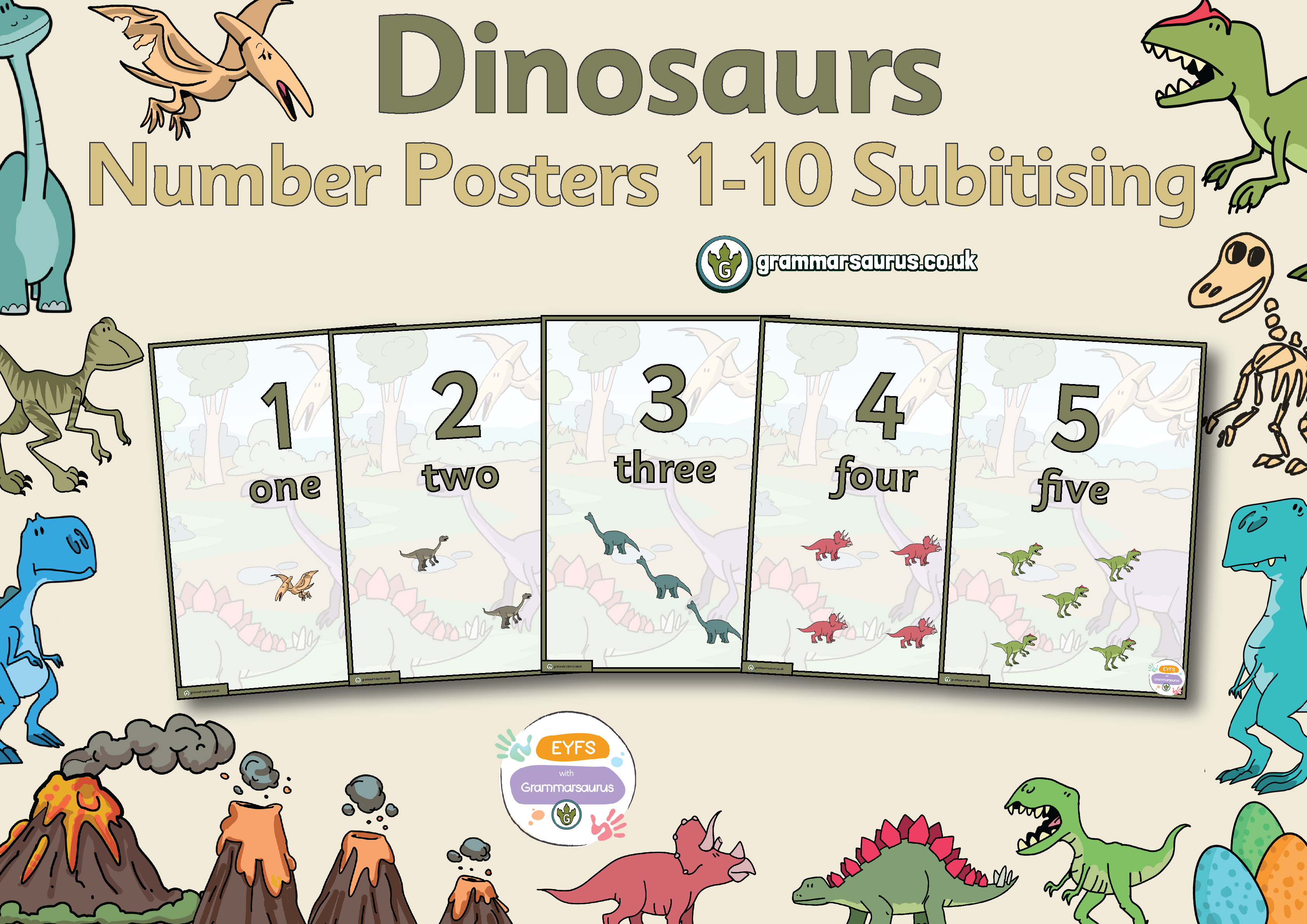 EYFS Dinosaurs - Number Posters 1-10 Subitising - Grammarsaurus