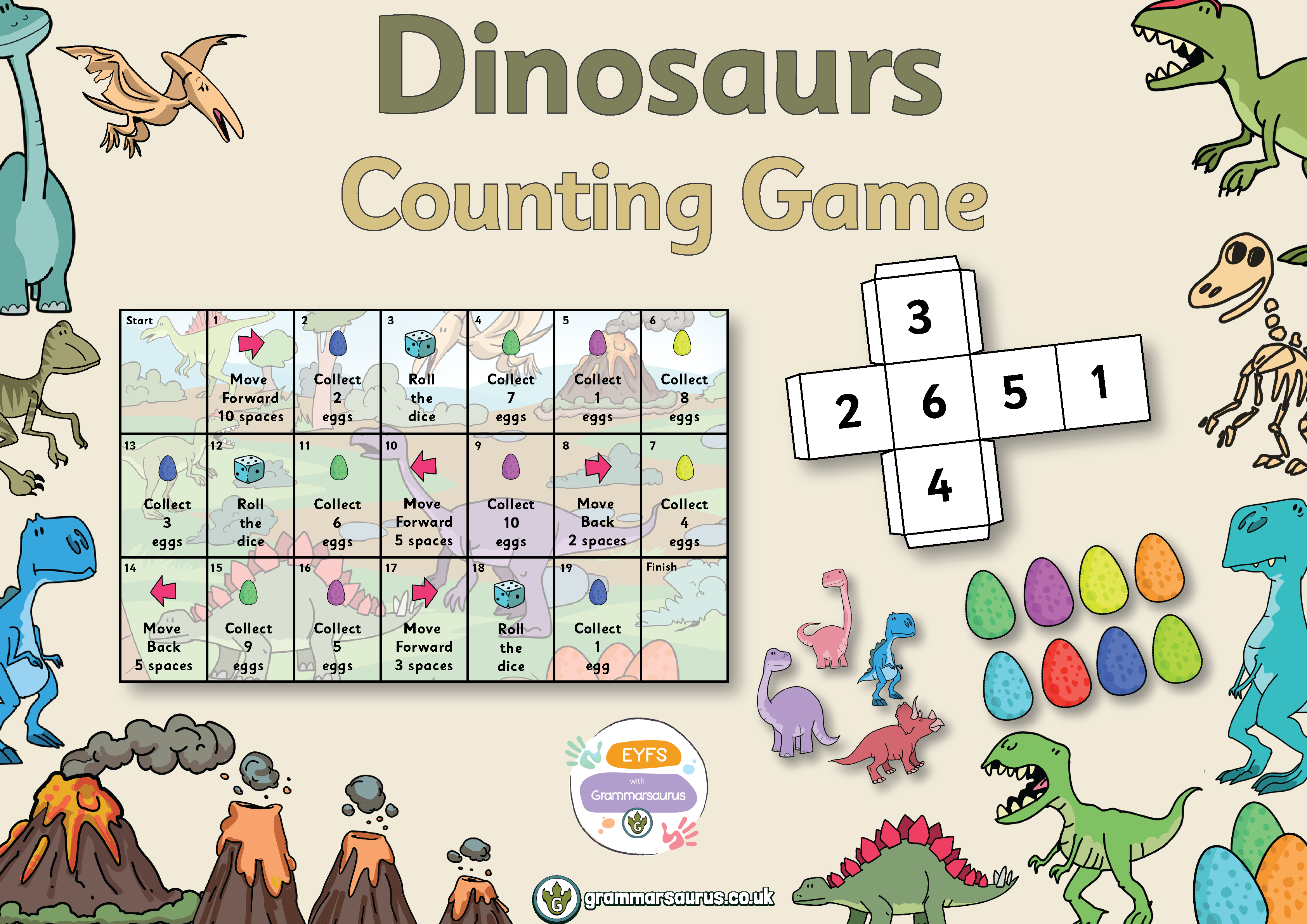EYFS Dinosaurs - Counting Game - Grammarsaurus