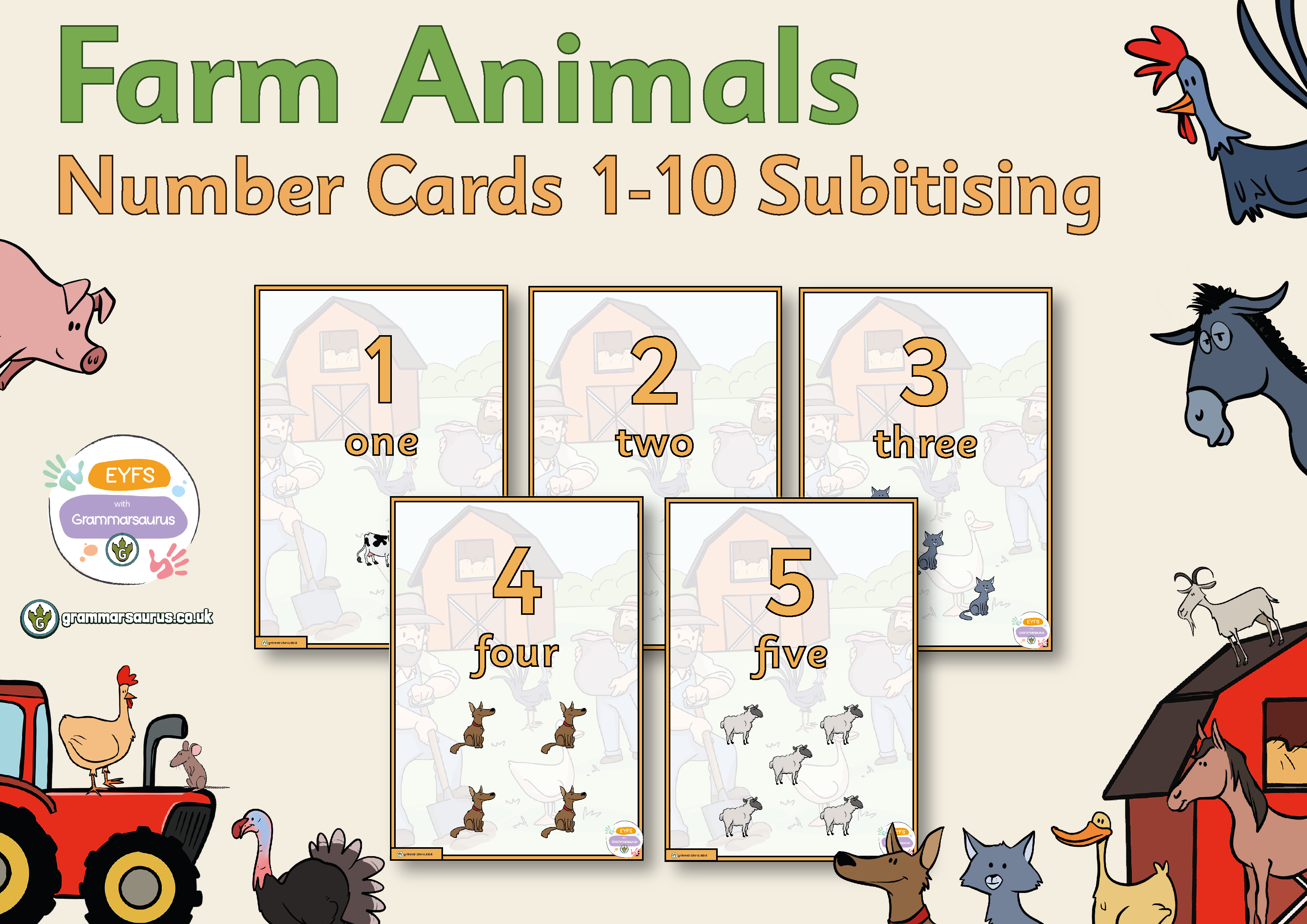 EYFS Farm Animals - Number Cards 1-10 Subitising - Grammarsaurus