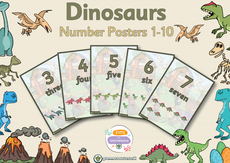EYFS Dinosaurs - Number Posters 1-10 - Grammarsaurus