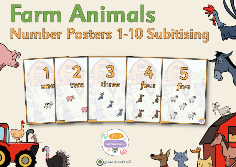 EYFS Farm Animals - Number Posters 1-10 Subitising - Grammarsaurus