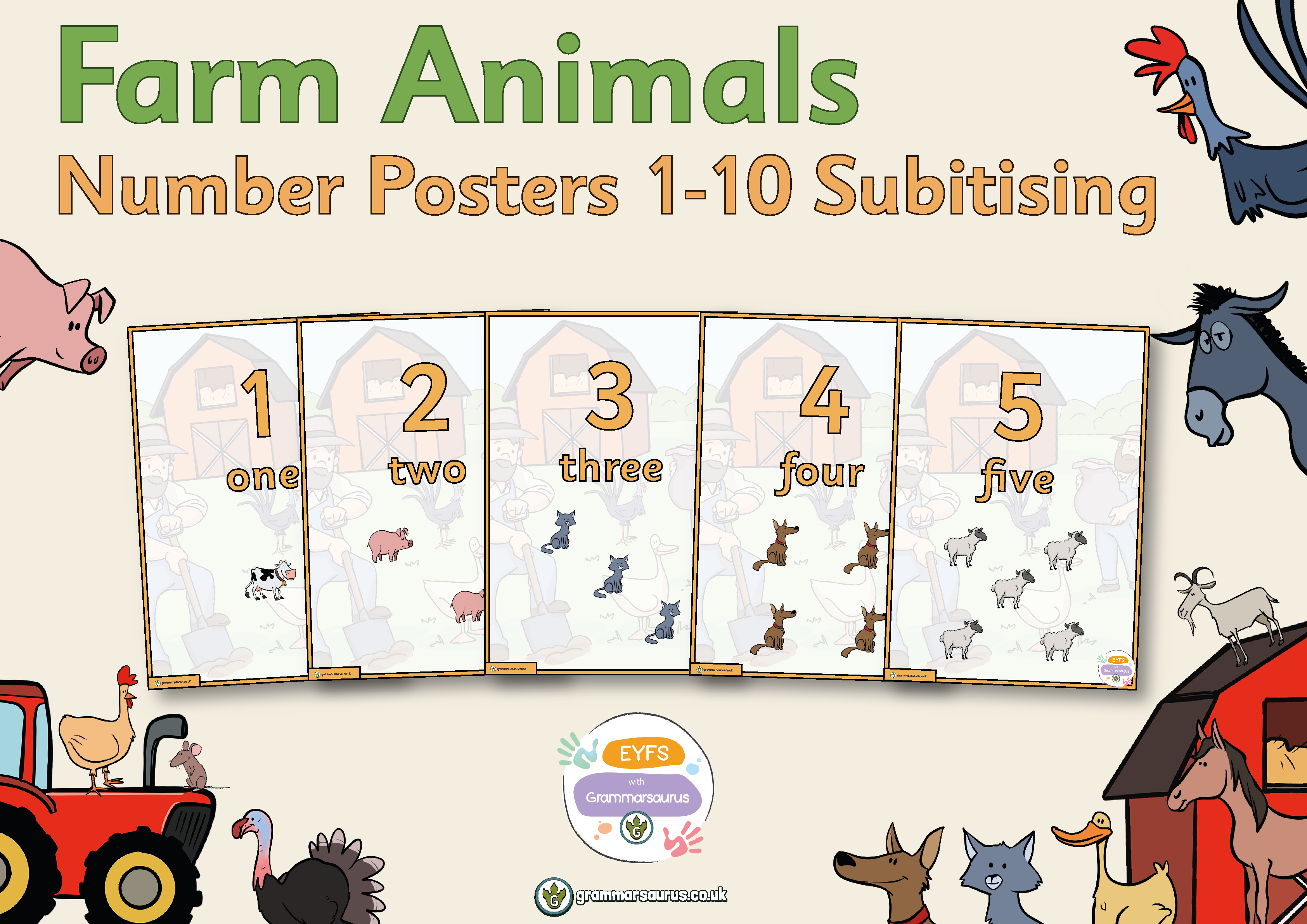 EYFS Farm Animals - Number Posters 1-10 Subitising - Grammarsaurus