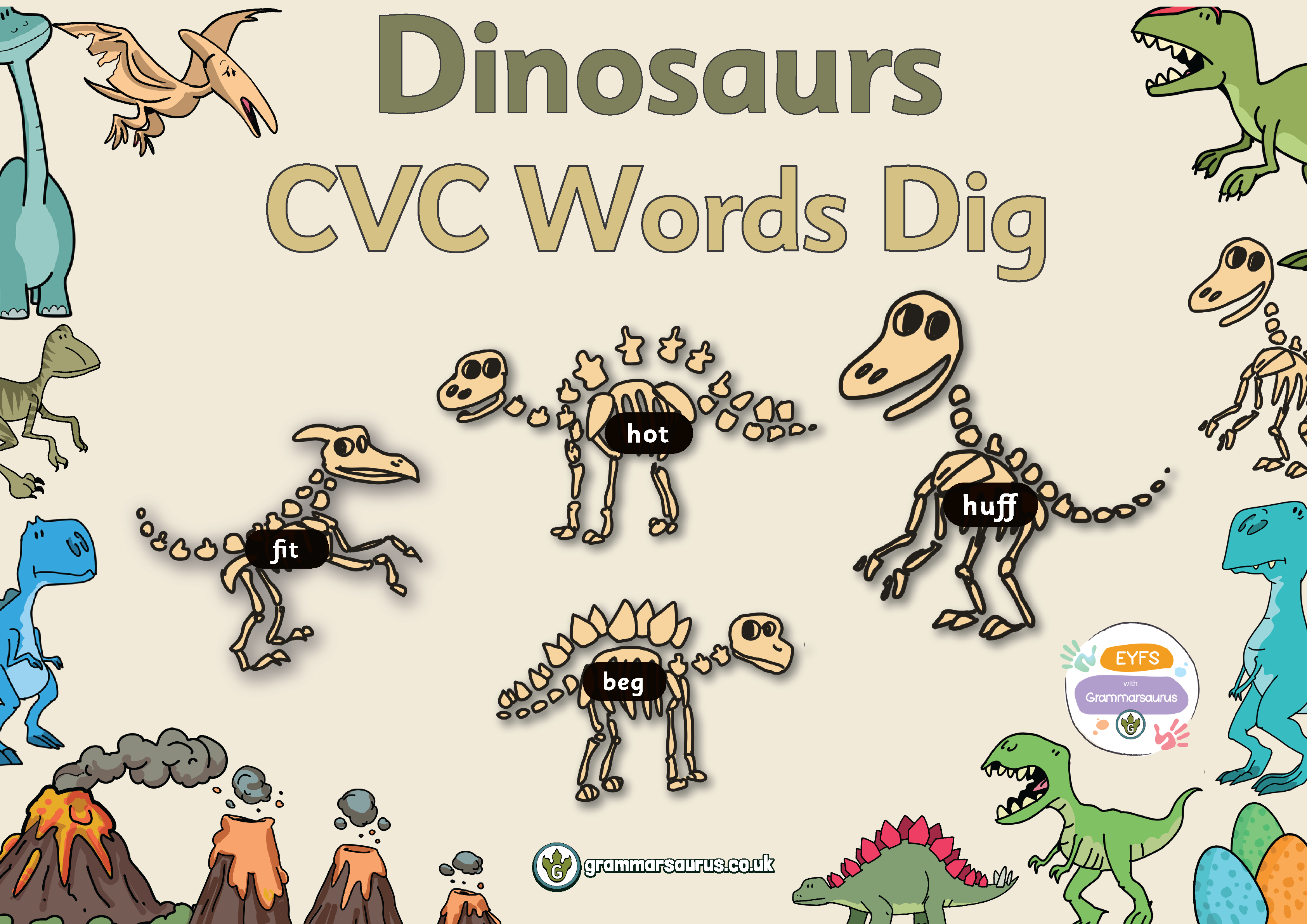 EYFS Dinosaurs - CVC Words Dig - Grammarsaurus