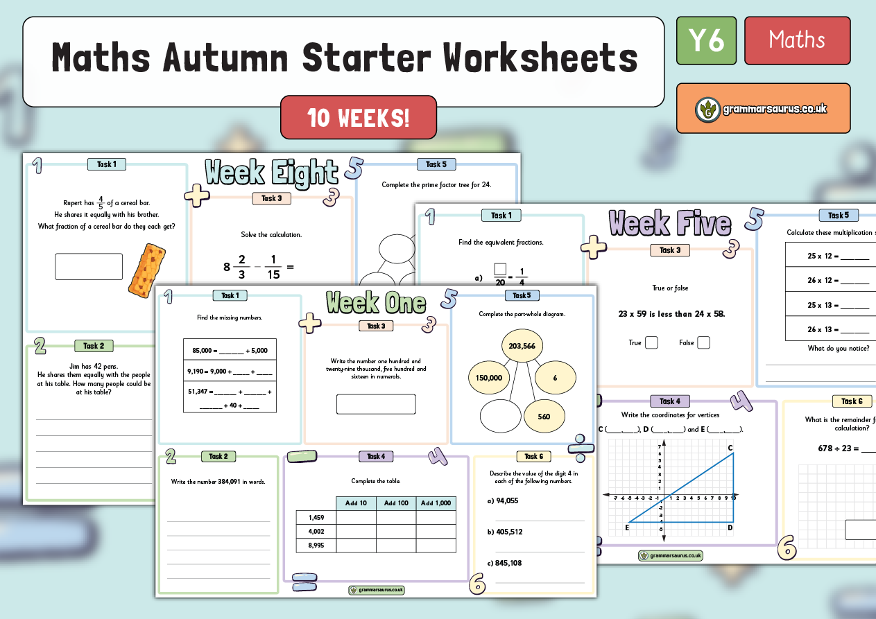 Year 6 Weekly Maths Starters - Autumn - Grammarsaurus