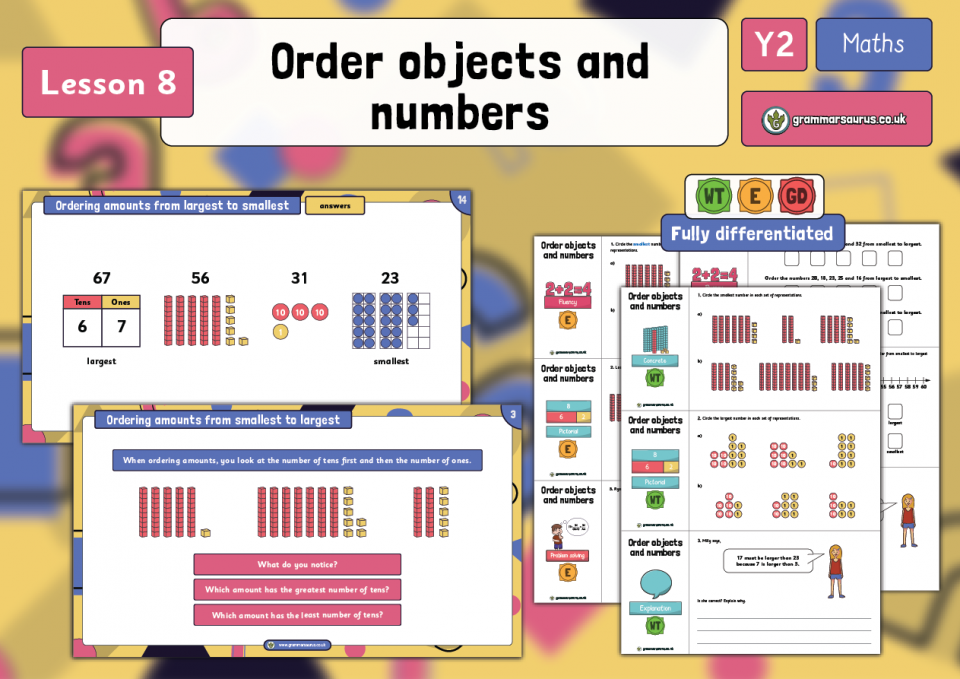 Year 2 Place Value - Order Objects and Numbers - Lesson 8 - Grammarsaurus