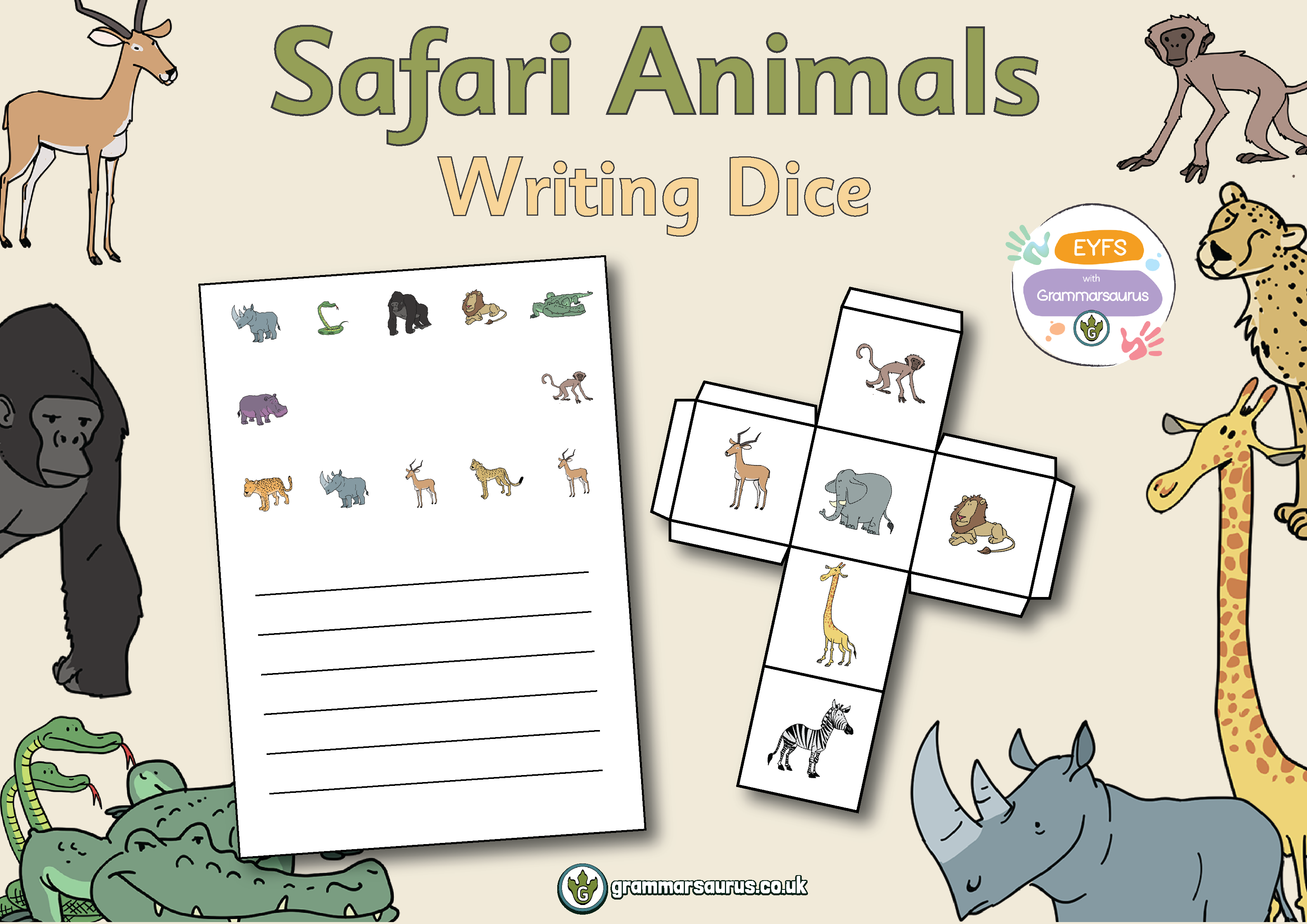 EYFS Safari Animals - Writing Dice - Grammarsaurus