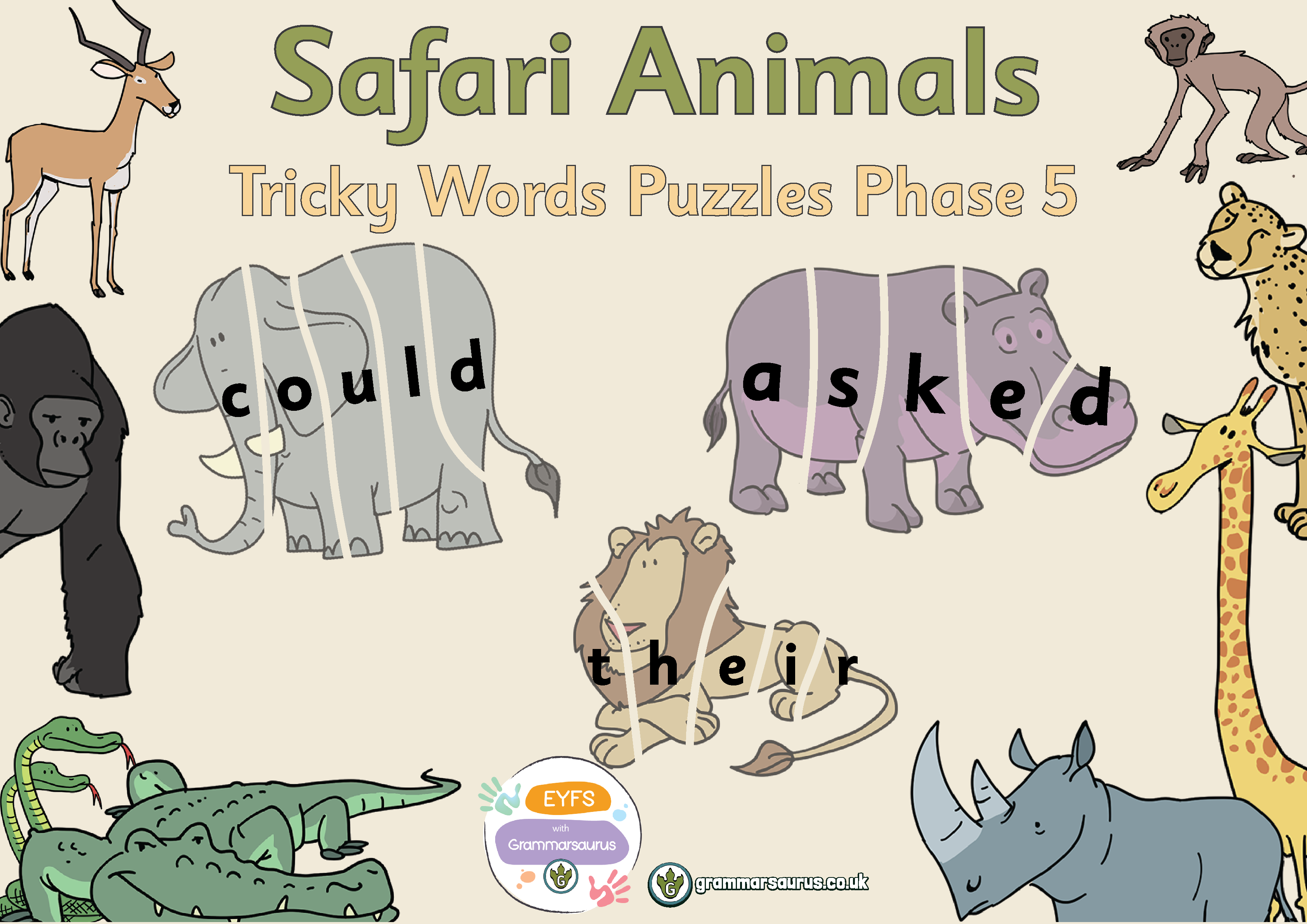 EYFS Safari Animals - Tricky Words Puzzle Phase 5 - Grammarsaurus