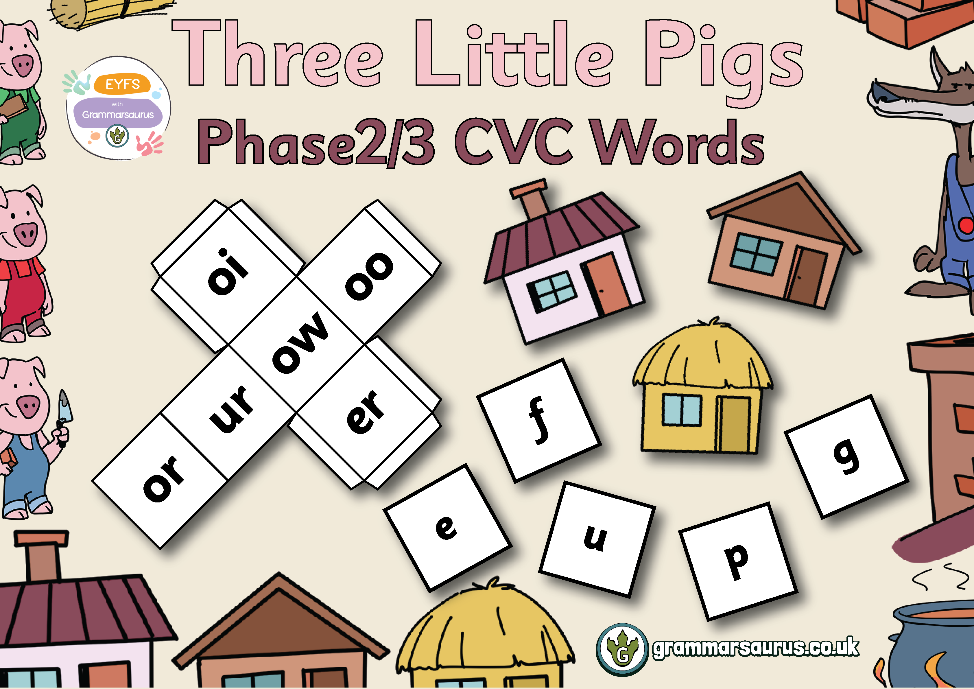 EYFS Three Little Pigs - Phase2/3 CVC Words - Grammarsaurus