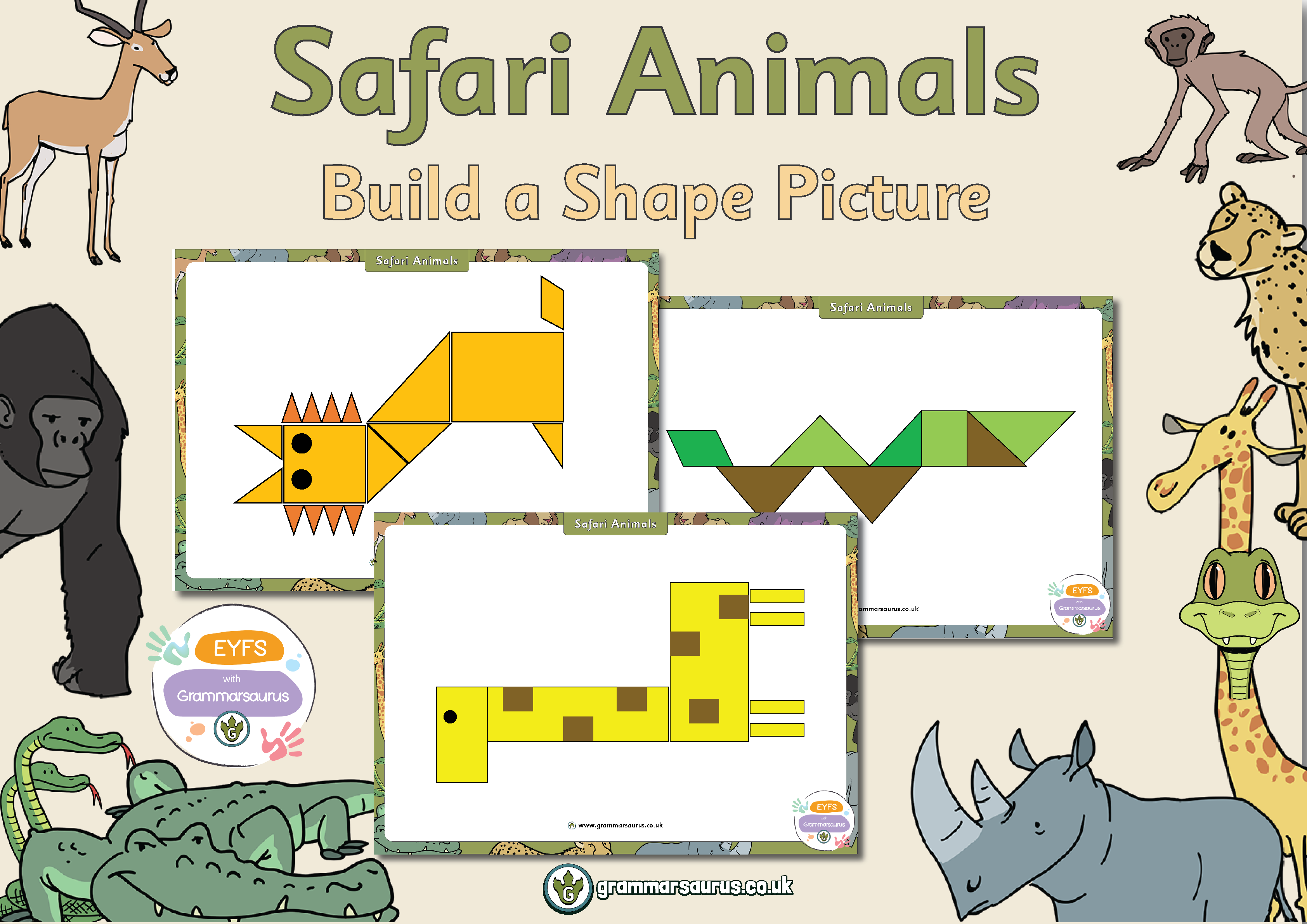 EYFS Safari Animals - Build a Shape Picture - Grammarsaurus