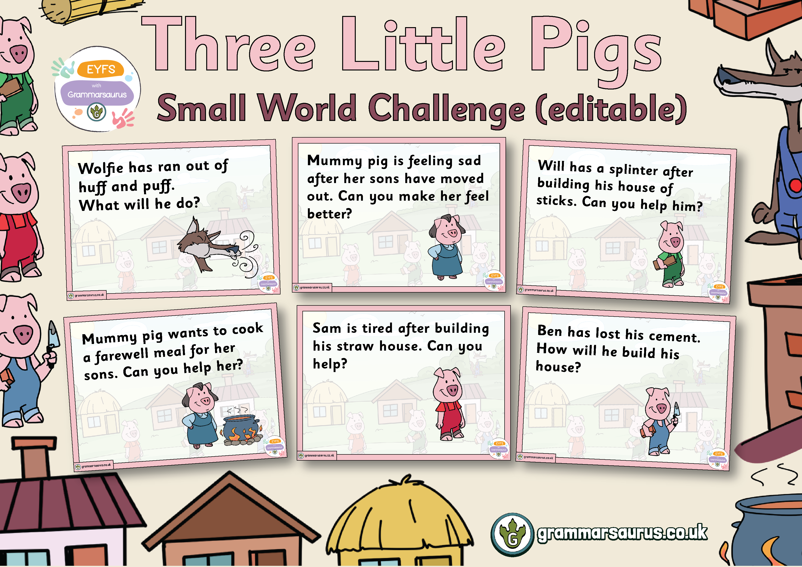 EYFS Three Little Pigs - Small World Challenge Cards - Grammarsaurus