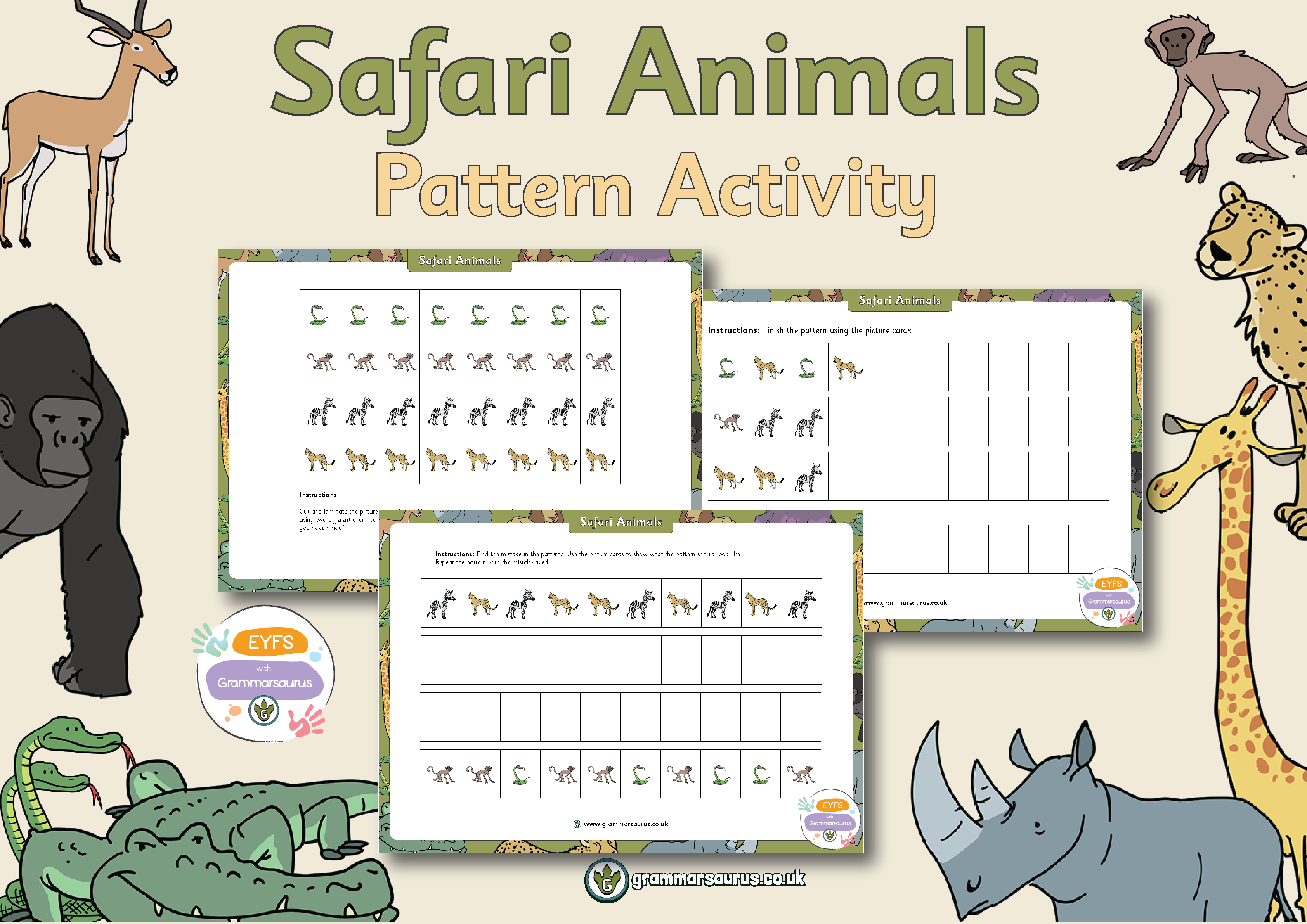 EYFS Safari Animals - Pattern Activity - Grammarsaurus