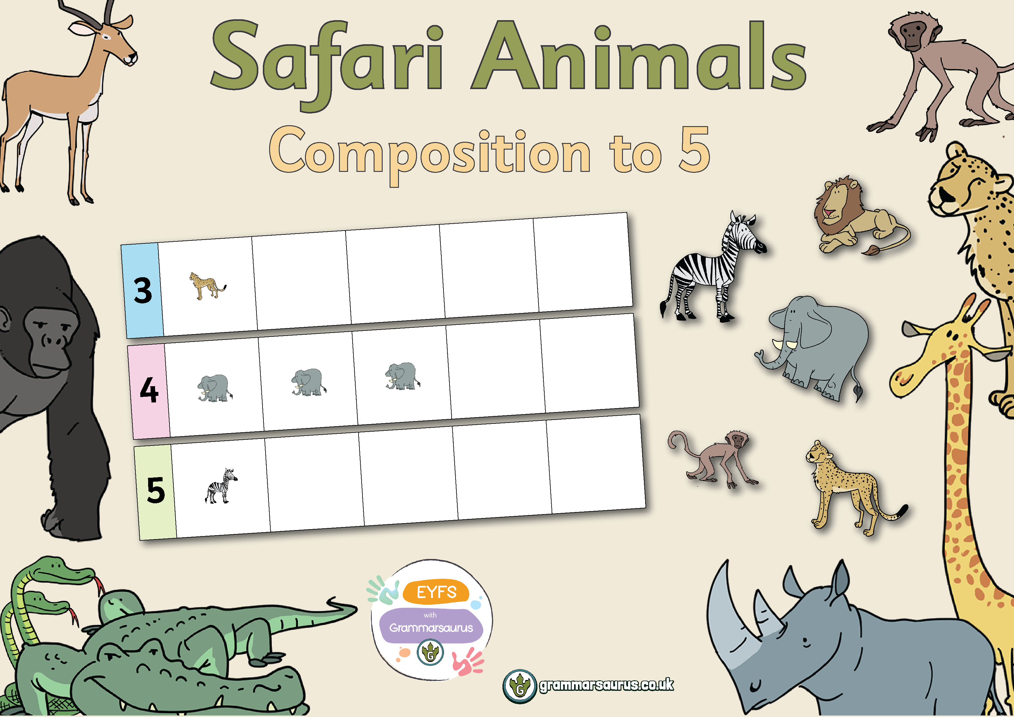 EYFS Safari Animals - Composition to 5 - Grammarsaurus