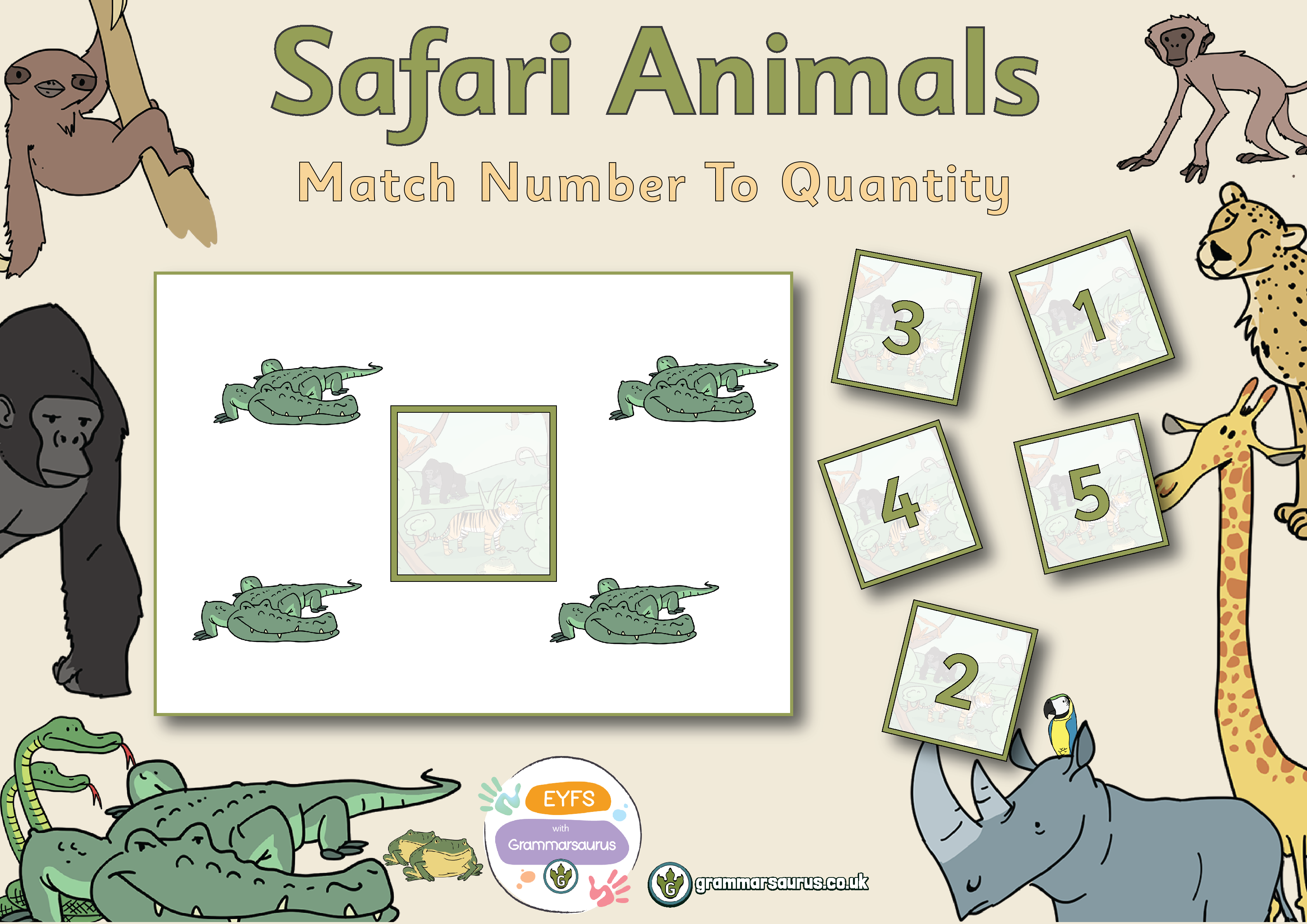 EYFS Safari Animals - Match Number to Quantity - Grammarsaurus