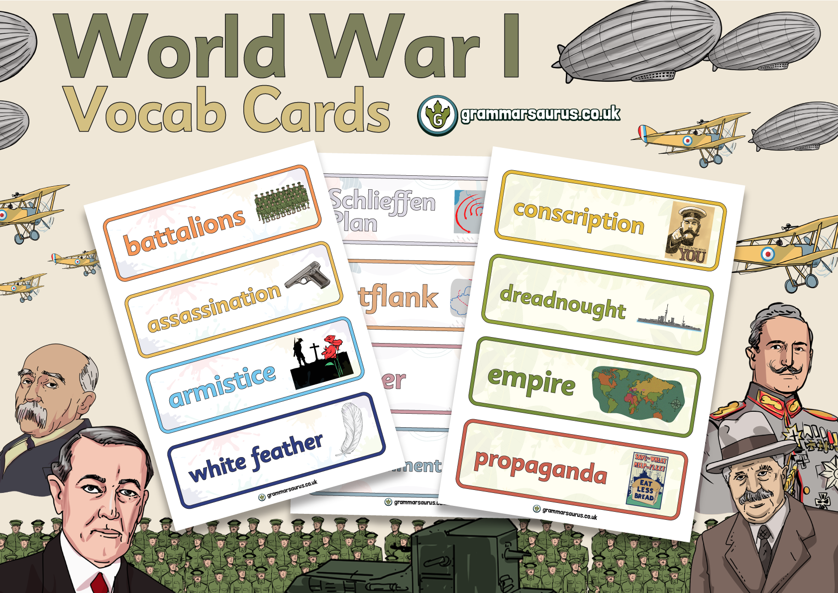 History – World War One – Vocab Cards - Grammarsaurus