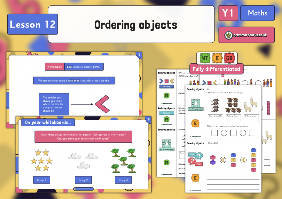 Year 1 Place Value (within 10) Ordering objects - Lesson 12 - Grammarsaurus