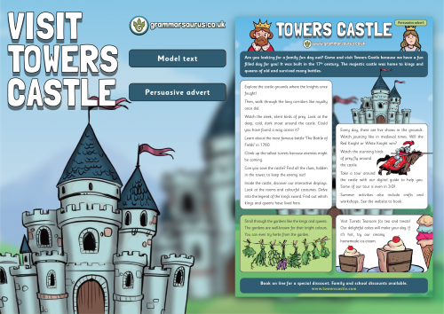 Year 2 Model Text - Persuasive advert - Visit Towers Castle - Grammarsaurus