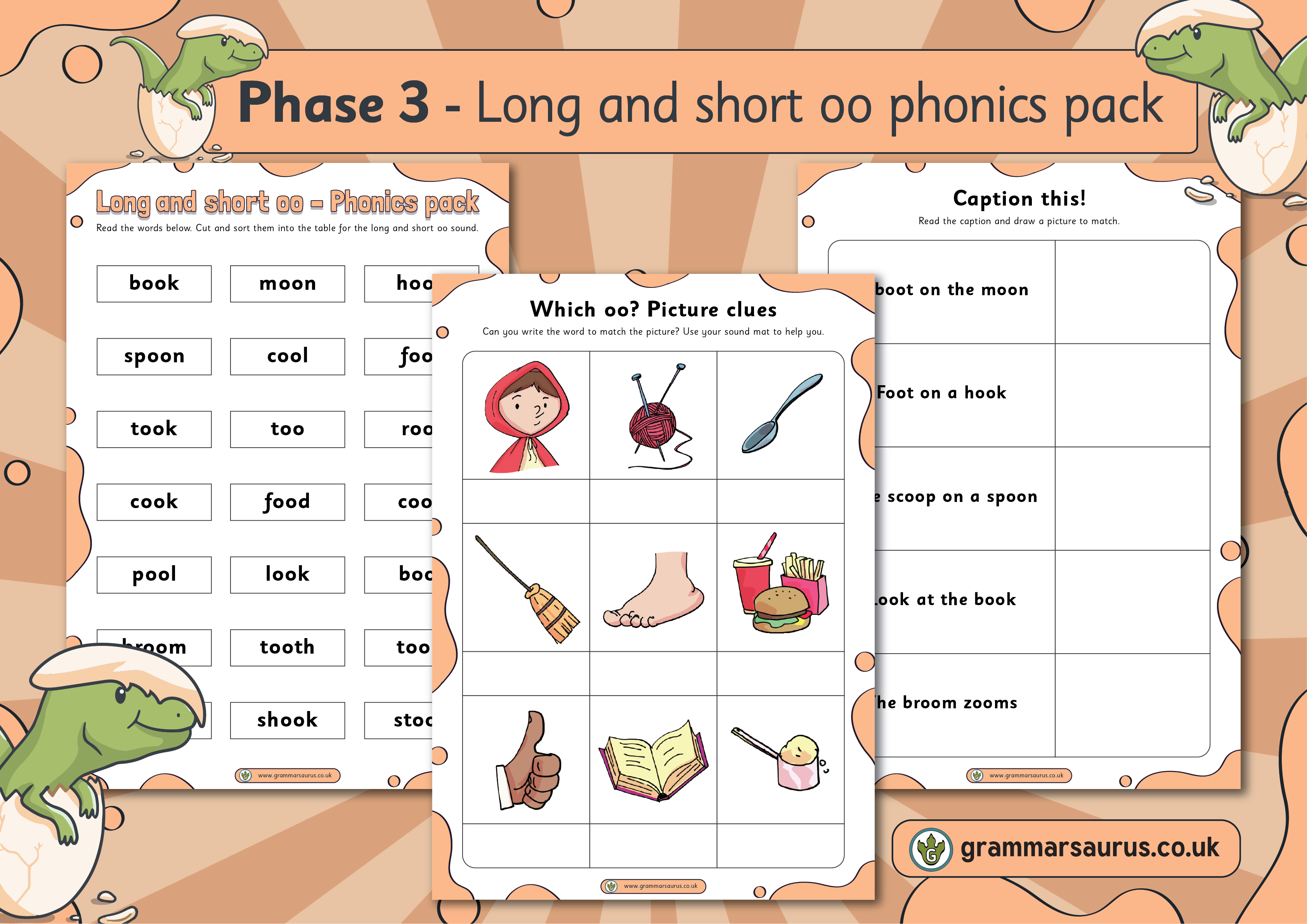 Phonics Phase 3 - Long and short oo phonics pack - Grammarsaurus