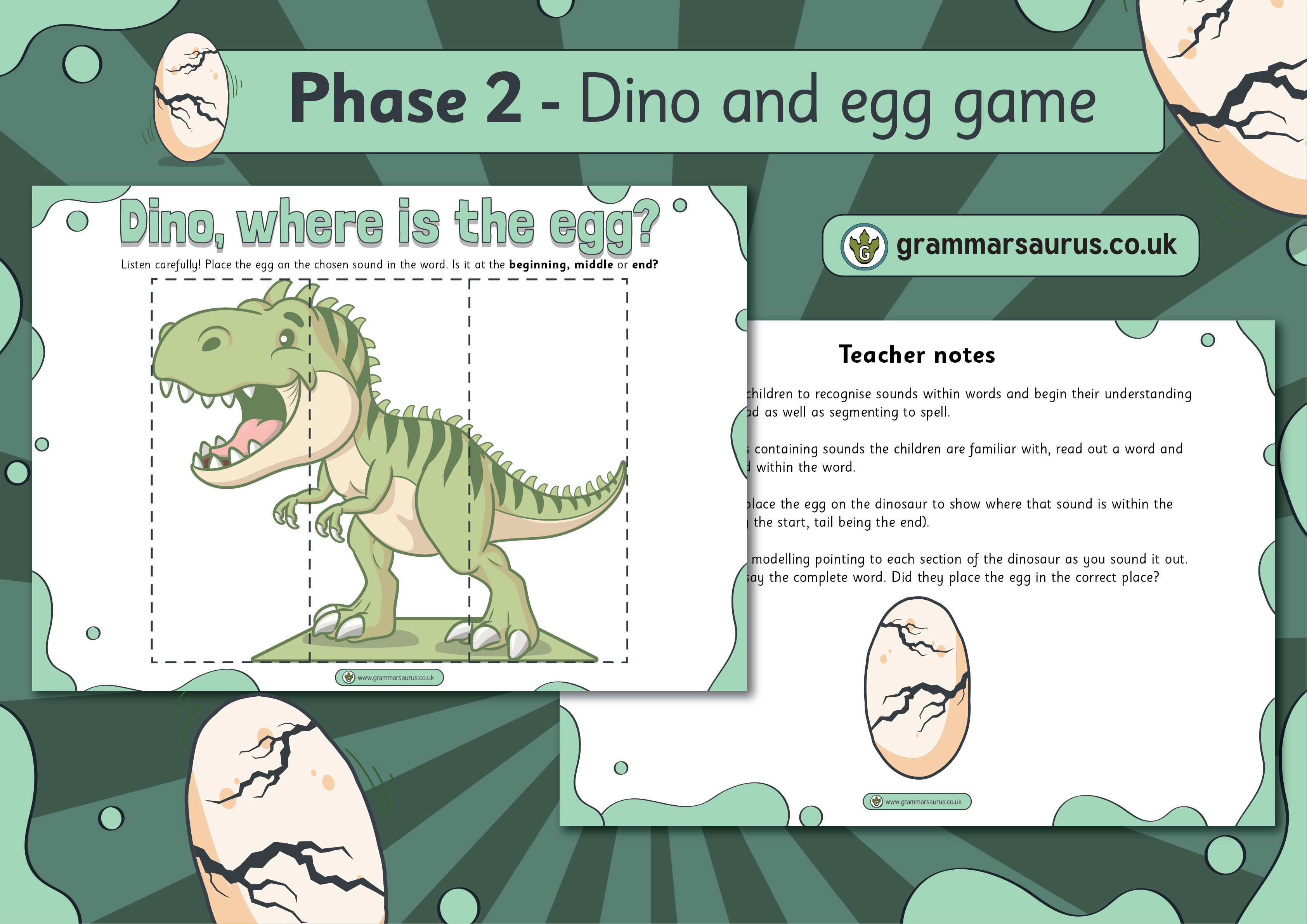 Phonics Phase 2 - Dino and egg game - Grammarsaurus