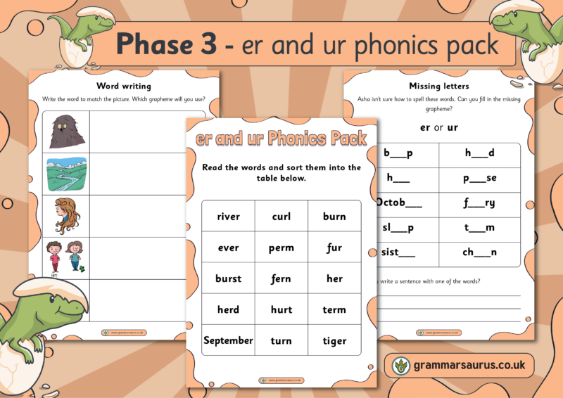 Phonics Phase 3 - er and ur phonics pack - Grammarsaurus
