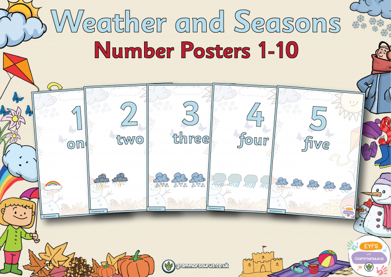 EYFS Weather and Seasons - Number Posters 1-10 - Grammarsaurus